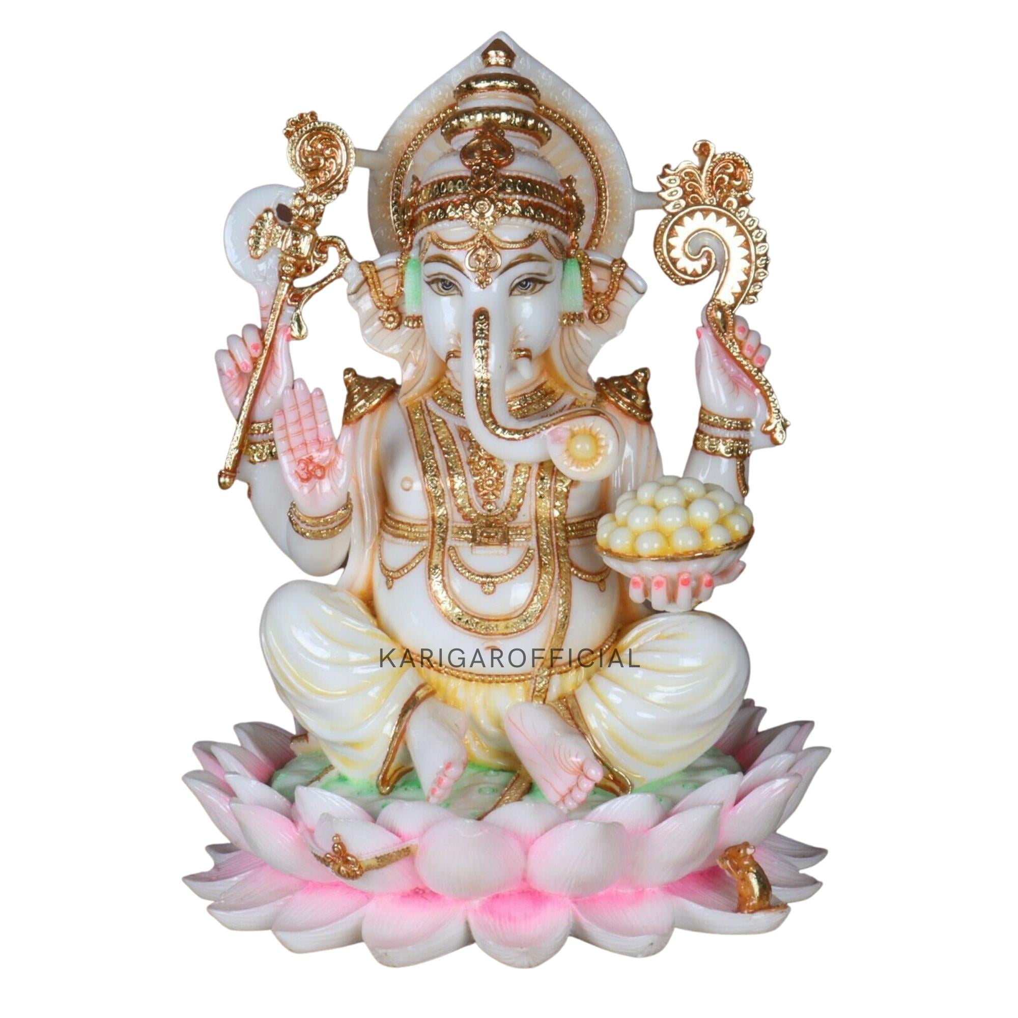 Ganesha Murti Statue Sitting on lotus flower 10 inches Gold Leaf ...