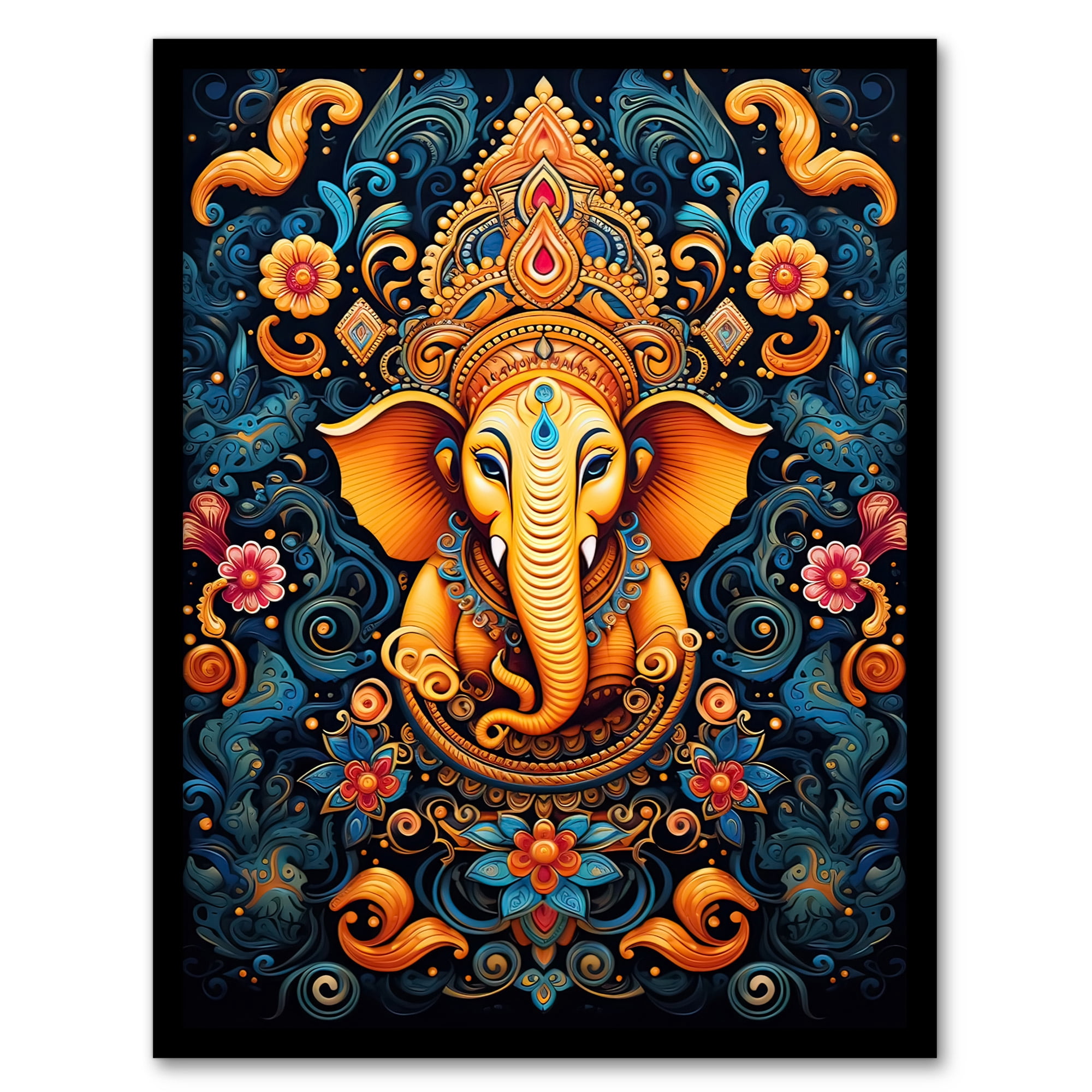 Ganesha and Flowers Hindu Concept Art Orange Blue Vibrant Ornate Floral ...