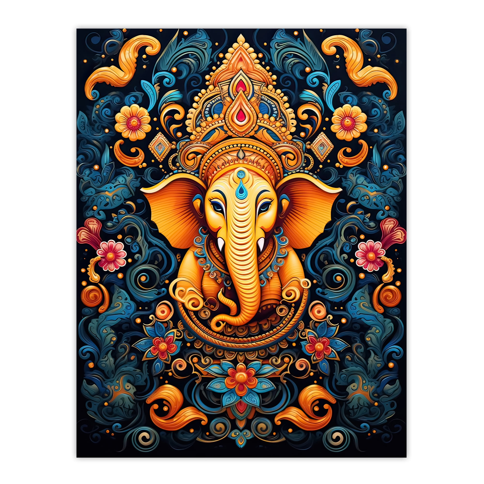 Ganesha and Flowers Hindu Concept Art Orange Blue Vibrant Ornate Floral ...