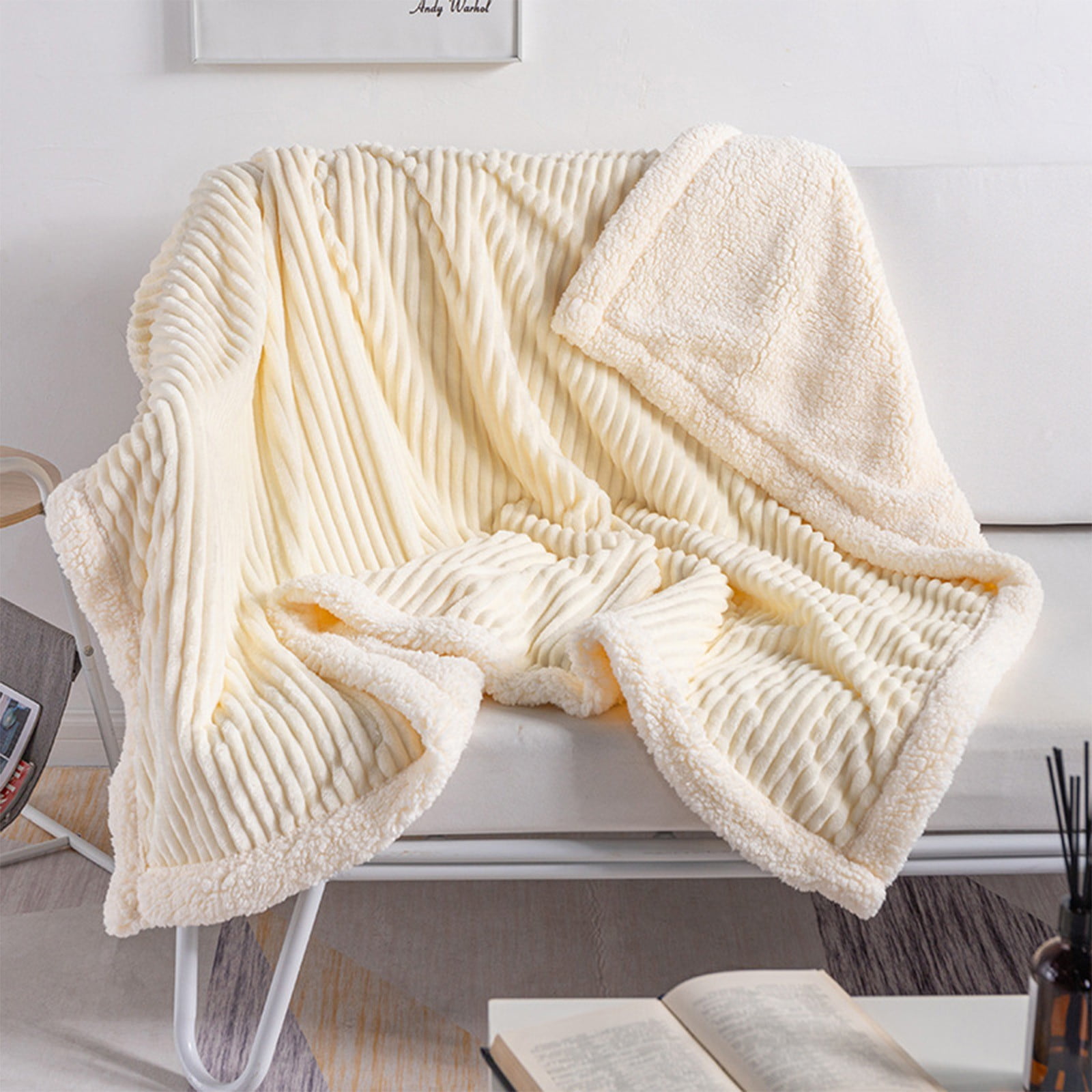 Ganfancp Double Striped Flannel Blanket, Thickened Lamb Wool, Warm Cozy Sofa Cover, Soft for ...
