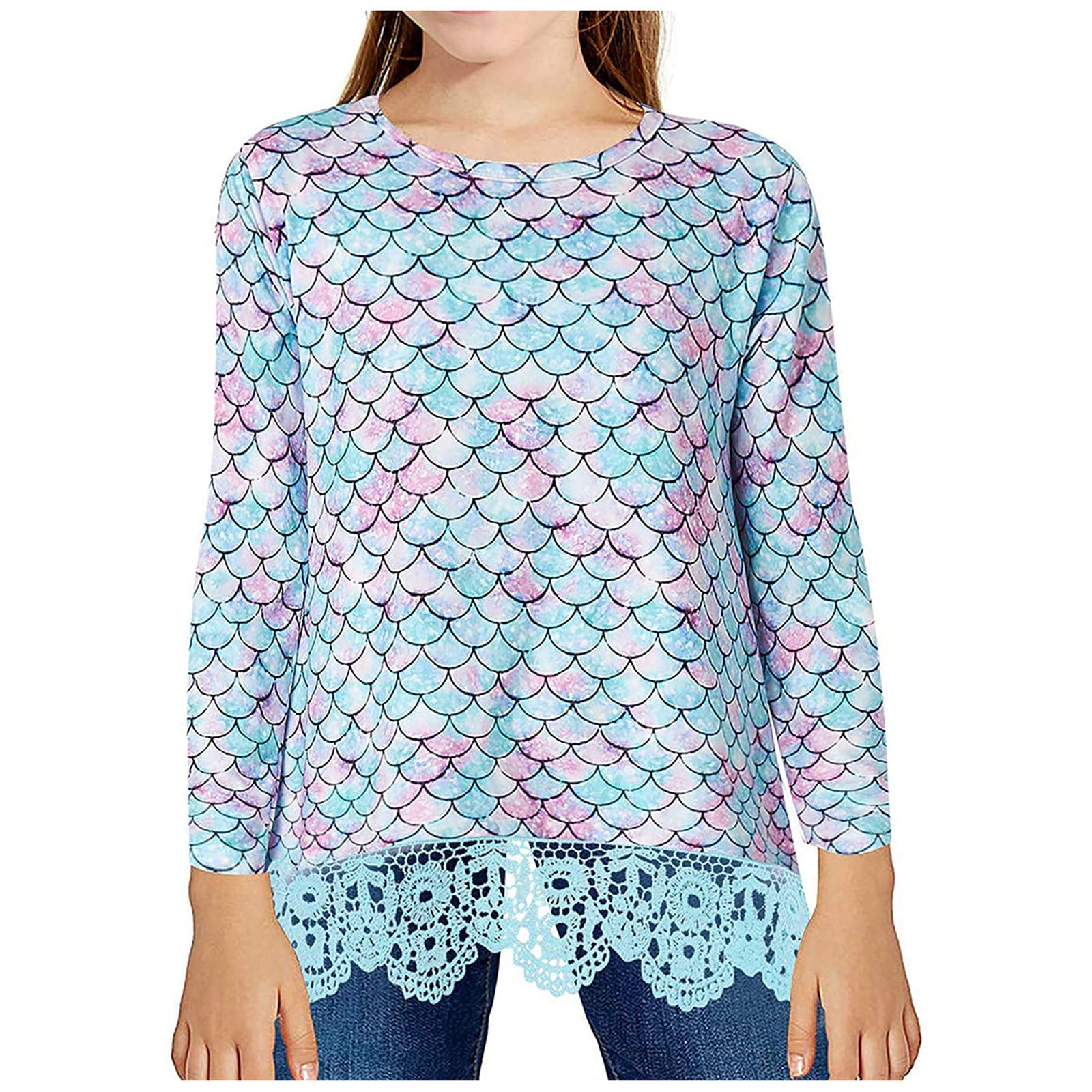 Ganfancp Girls' Mermaid Scale Lace Tunic Top, Long Sleeve Loose Blouse ...