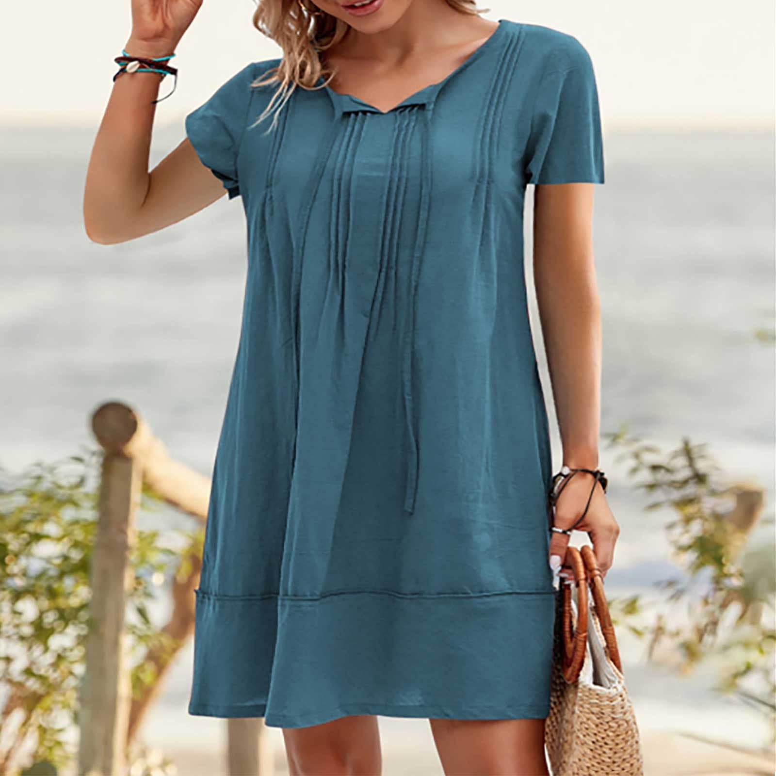 Ganfancp Sundresses for Women 2024 Fit & Flare Crew Neck Short Sleeve ...