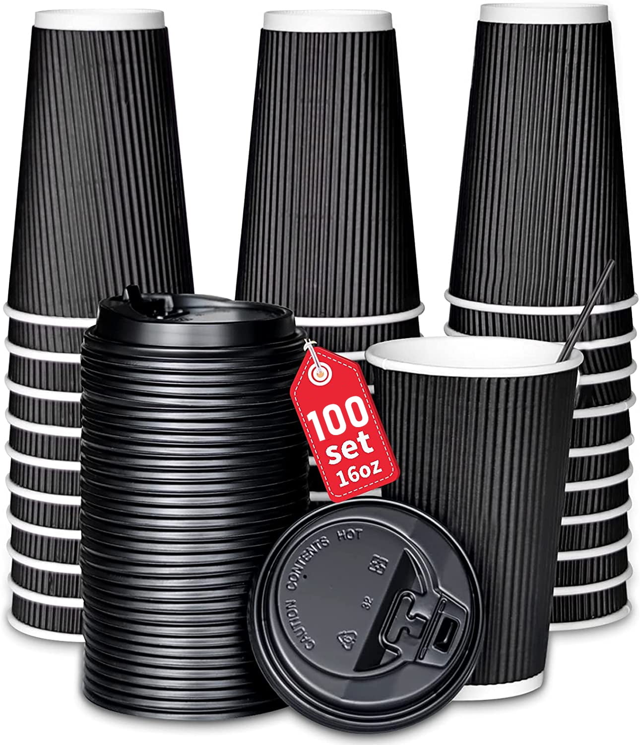 Ganfaner 100-Set 16oz Insulated Disposable Coffee Cups with Lid & Stirs ...