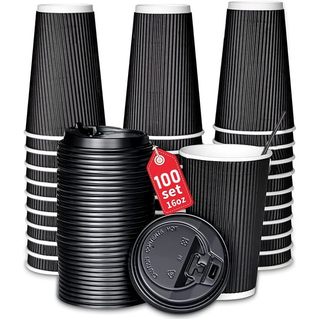 Ganfaner 100-Set 16oz Insulated Disposable Coffee Cups with Lid & Stirs ...