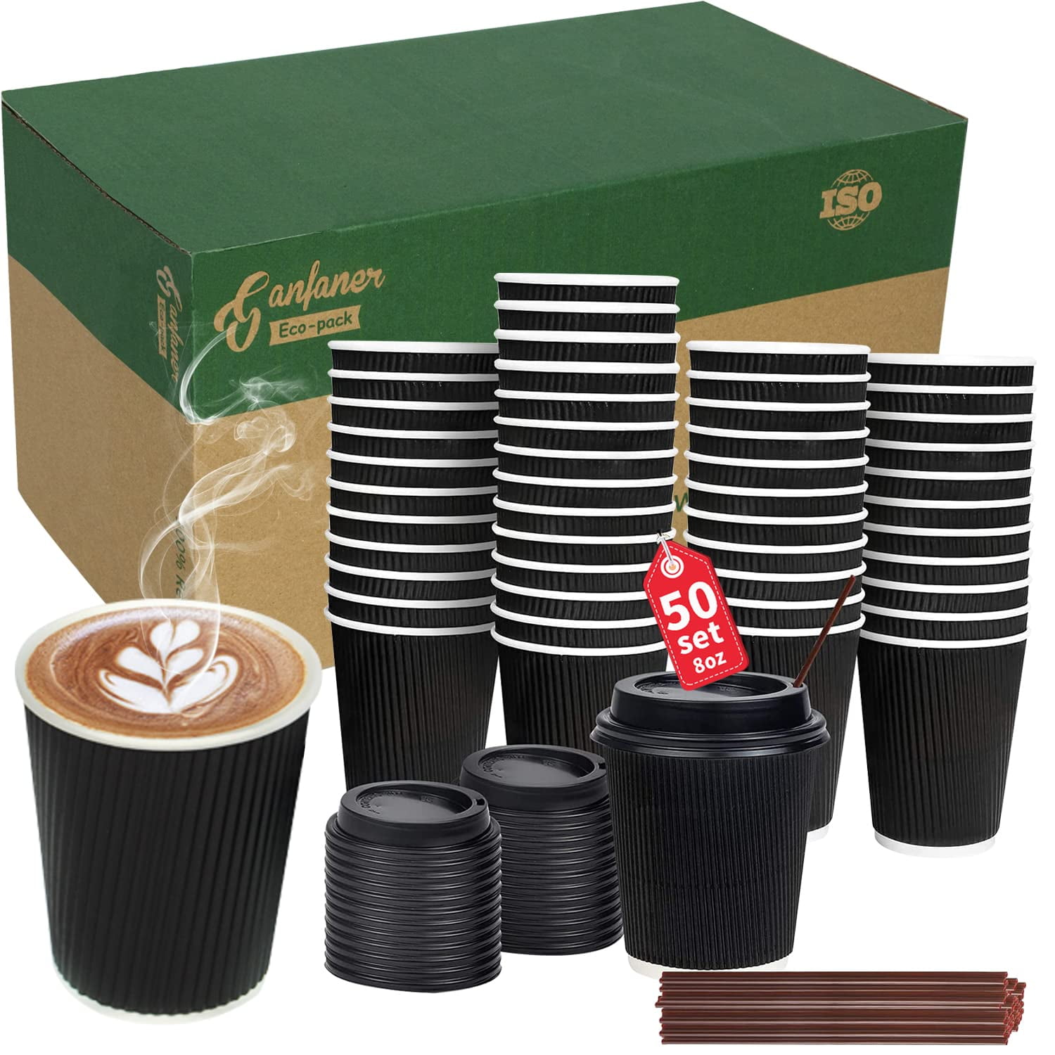 Ganfaner 50pk 8oz Disposable Paper Coffee Cups with Lids Stirs, No ...