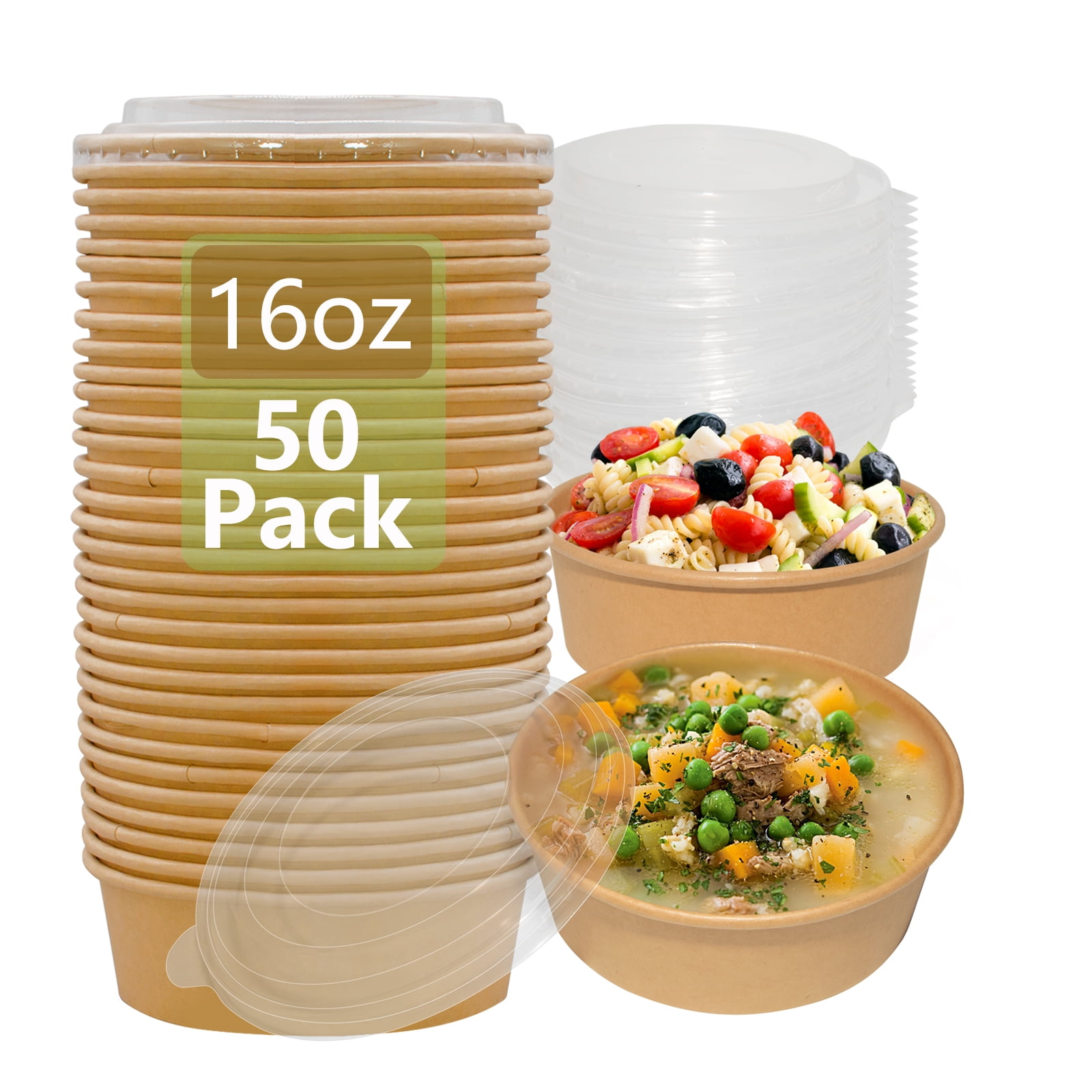 Ganfaner 50set 16oz Disposable Leakproof Kraft Paper Bowl w/ Snug Lid ...