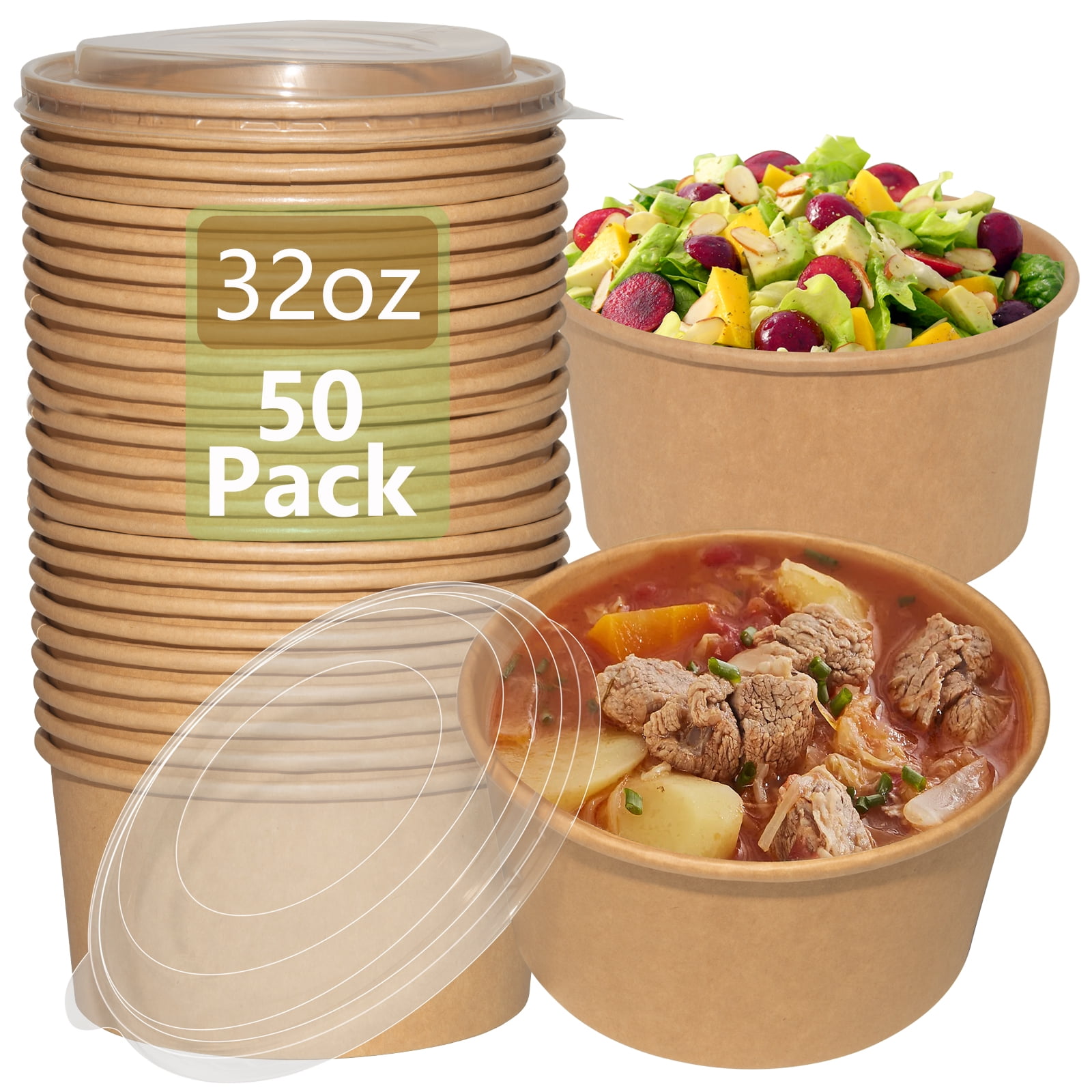 Ganfaner 50set-32oz Leakproof Kraft Paper Bowl w/ Snug Lid, Stack ...