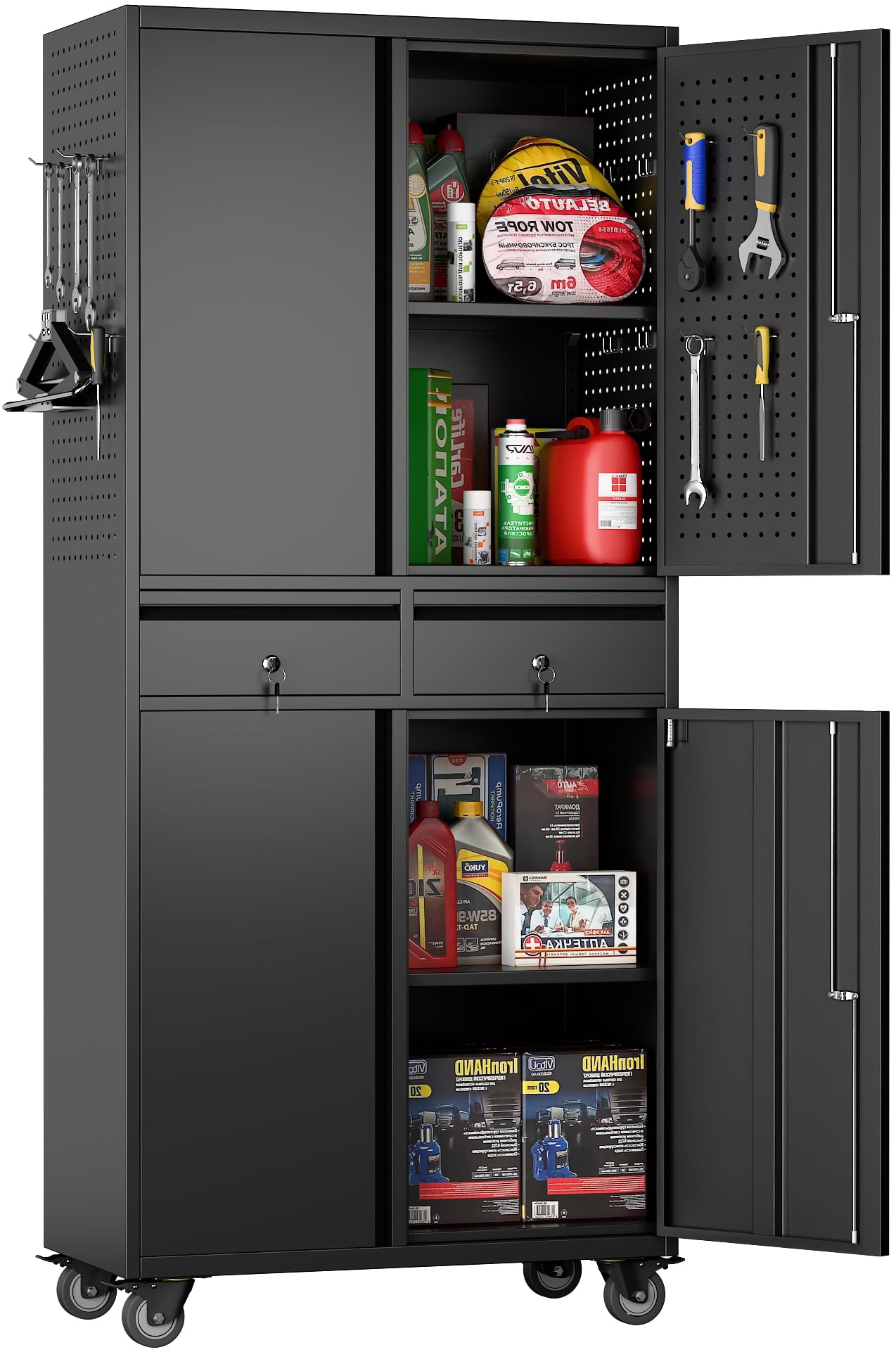 GangMei 2-Shelf 2-Drawer Freestanding Metal Garage Storage Cabinet with Wheels and Pegboards ...