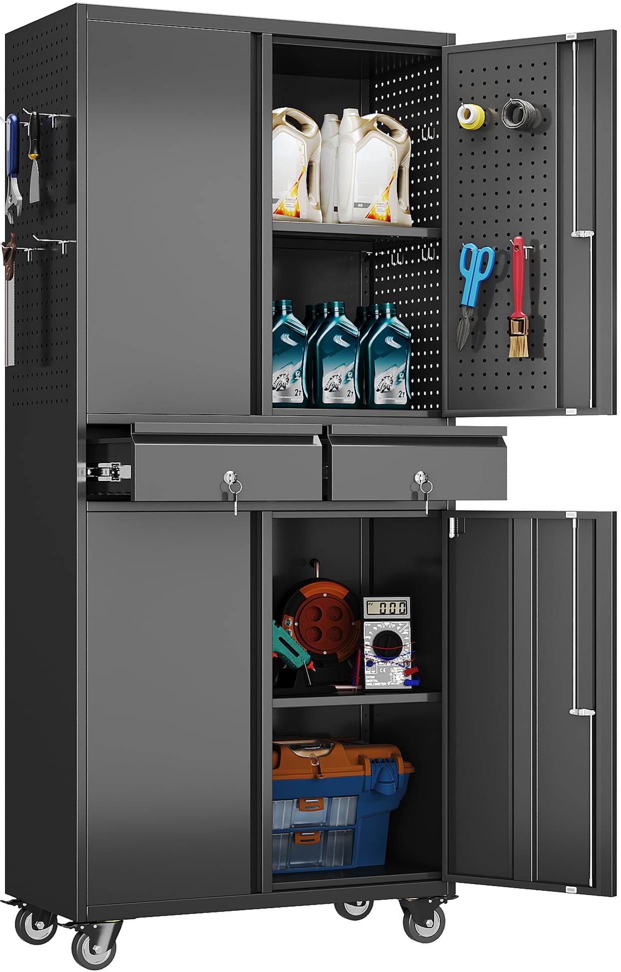 GangMei 2-Shelf 2-Drawer Freestanding Metal Garage Storage Cabinet with ...