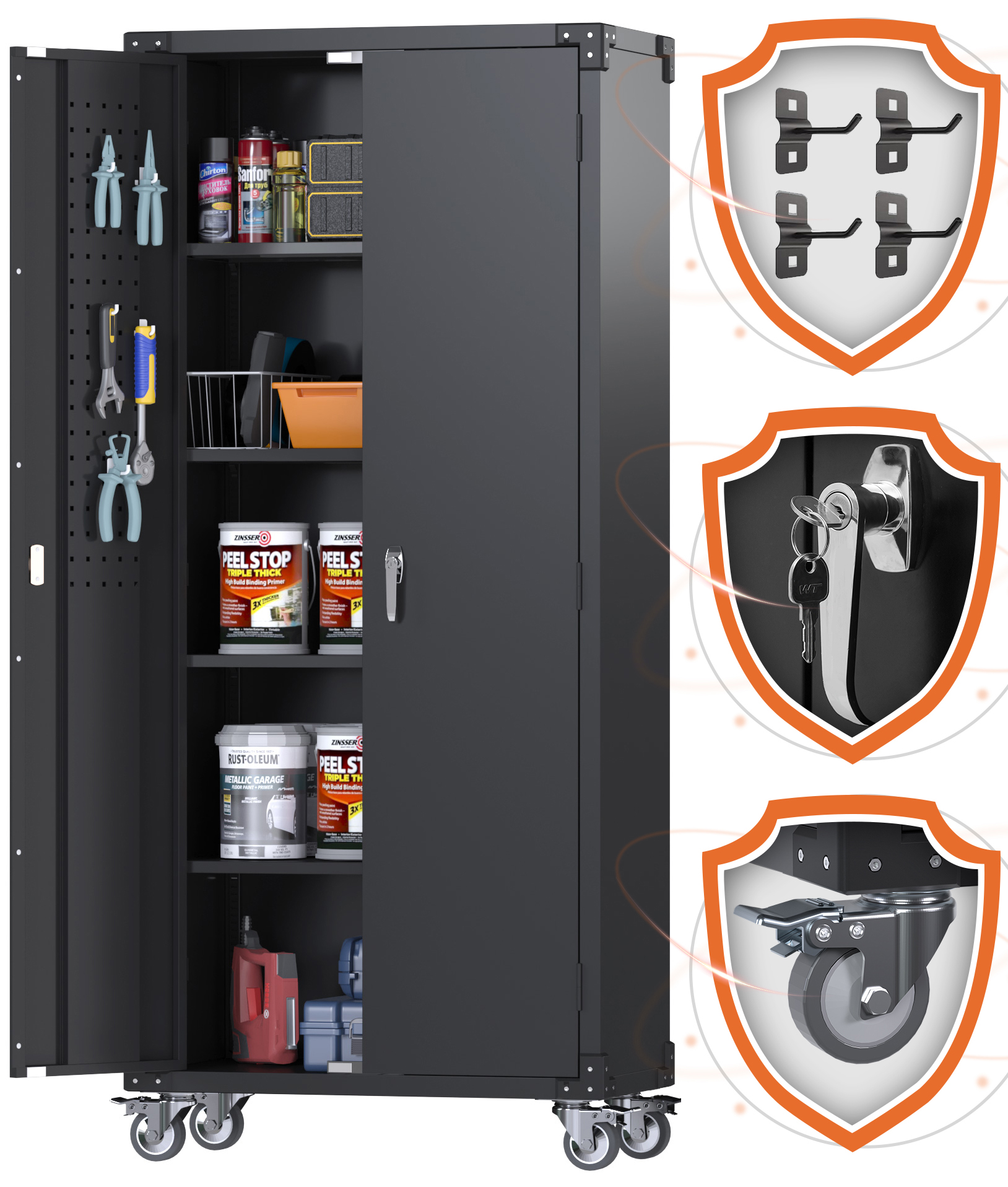 GangMei 72" H Top Metal Garage Storage Cabinet with 4 Adjustable Shelves and Pegboards, Lockable ...