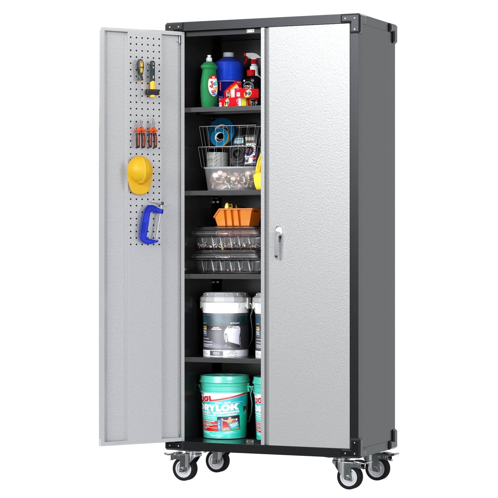 GangMei 72" H Top Metal Garage Storage Cabinet with 4 Adjustable Shelves and Pegboards, Lockable ...