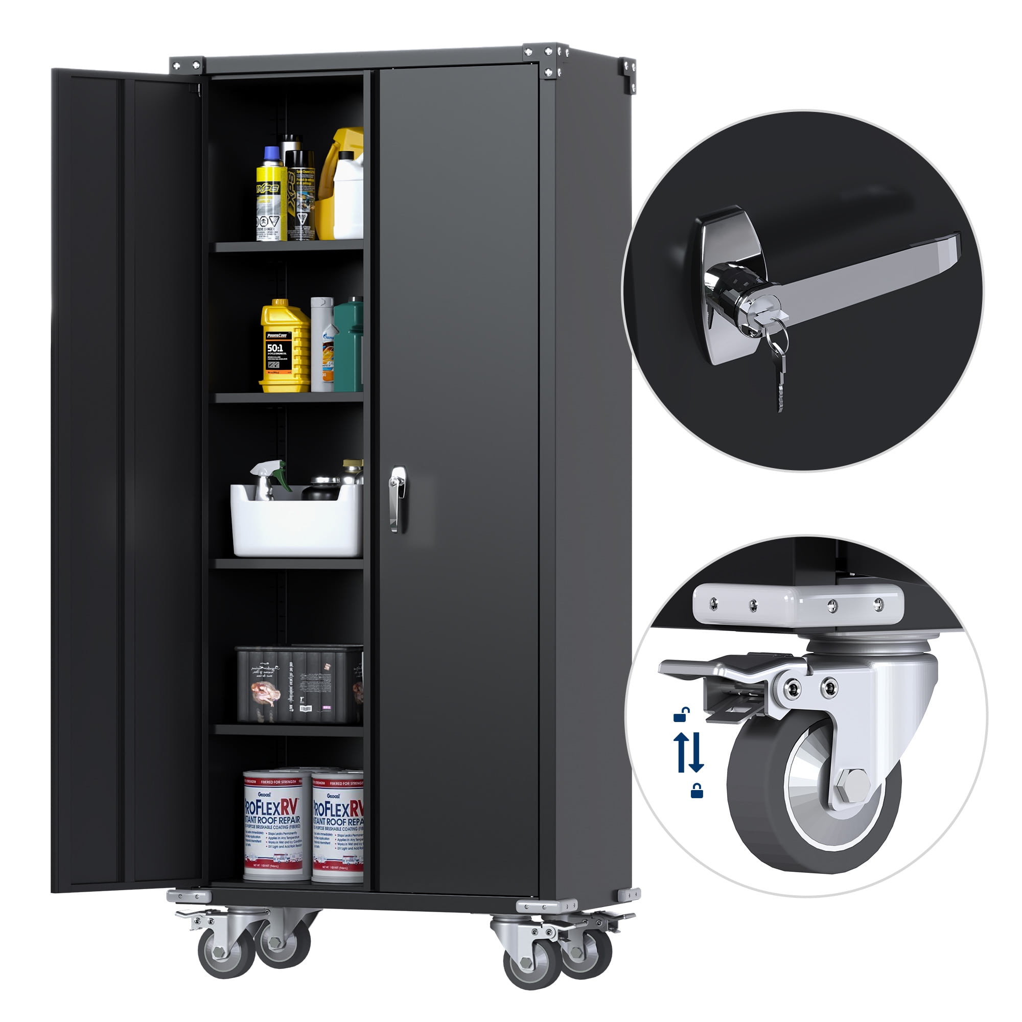 GangMei 72 in Metal Garage Storage Cabinets with Wheels, Black Tall Rolling Tool Cabinets with 4 ...