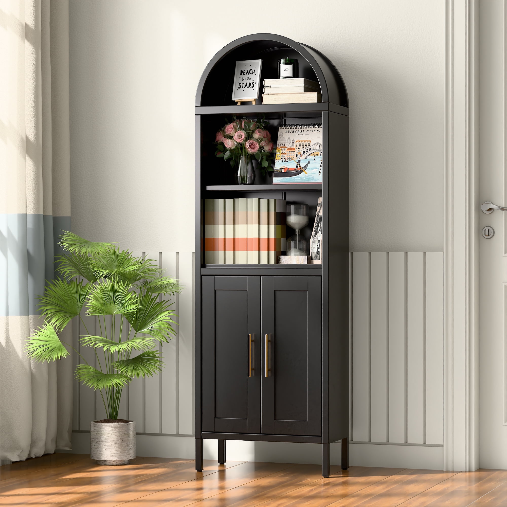GangMei Metal Arched Bookcase, 61 inch Black Arch Bookshelf, Large Size ...