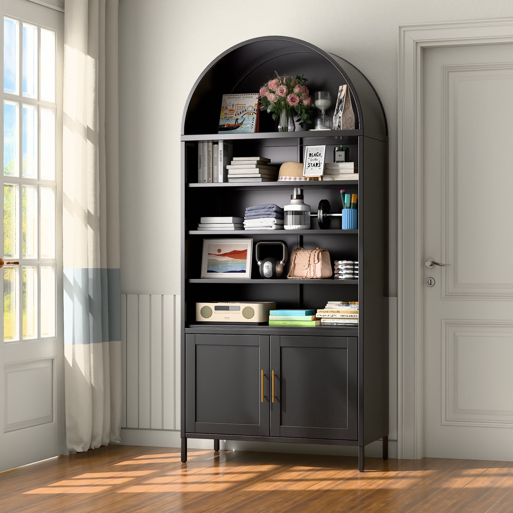 GangMei Metal Arched Bookcase, 79 inch Black Arch Bookshelf, Large Size ...