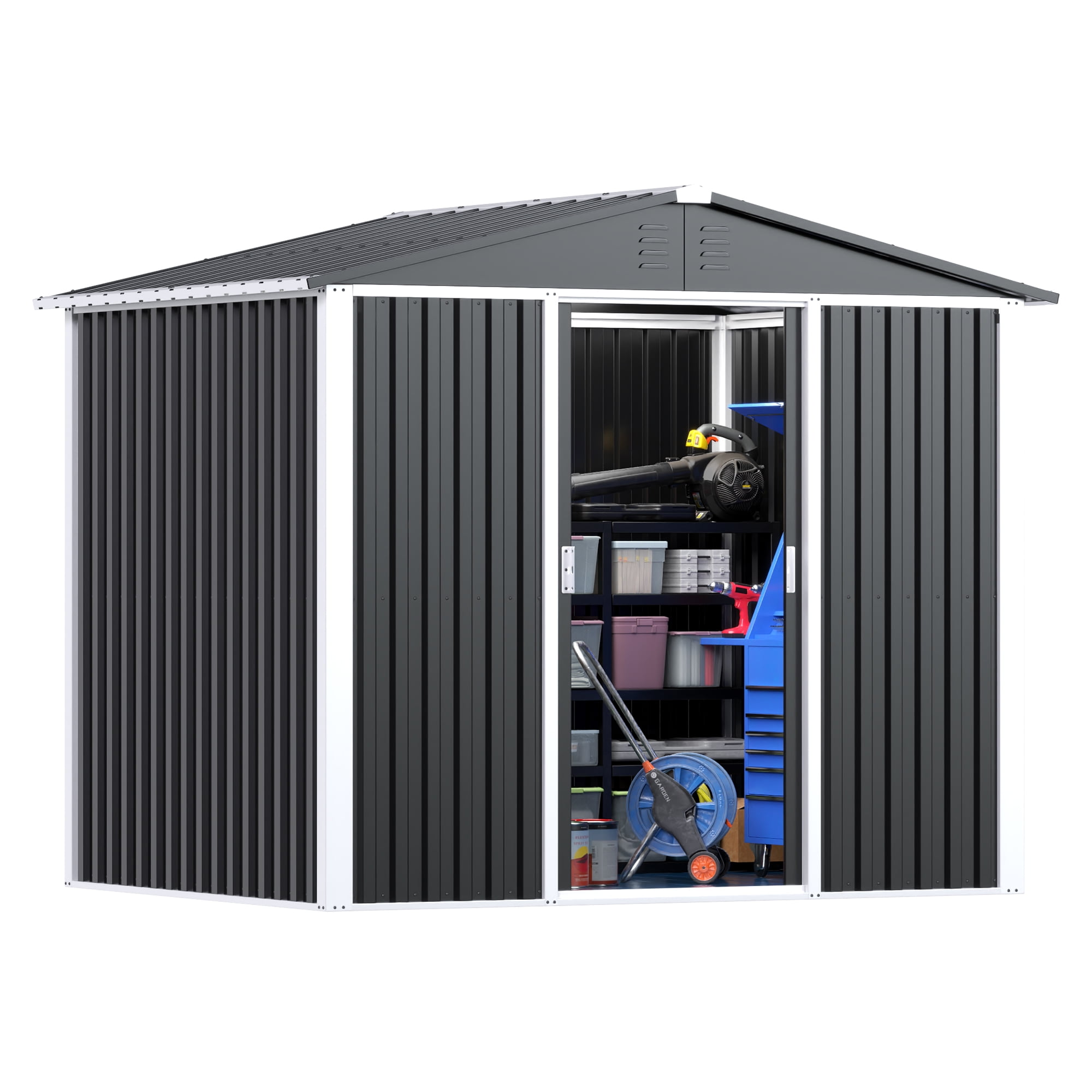 GangMei 8.5FT x 6.5FT Steel Outdoor Storage Shed with Lockable Door and ...