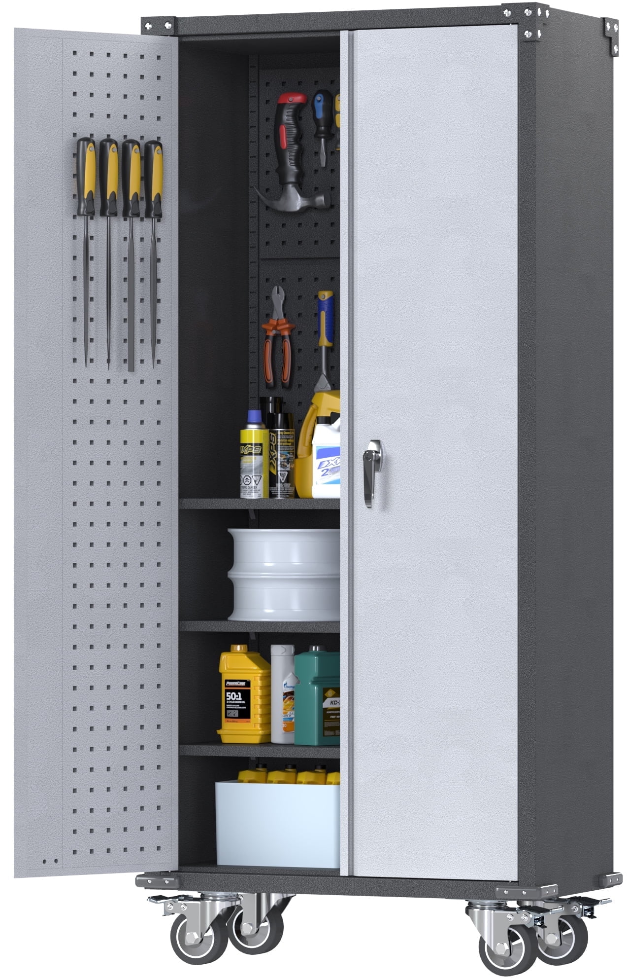 GangMei Metal Rolling Garage Storage Cabinet with Multi Use Pegboard ...