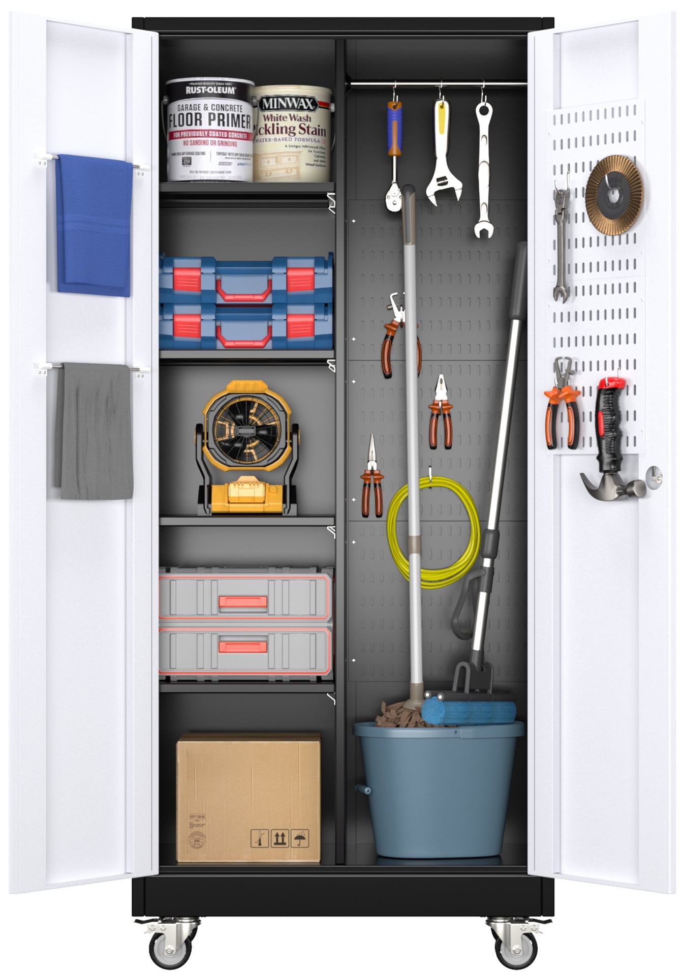 GangMei Metal Rolling Garage Storage Cabinets with Hanging Rod and 5 ...