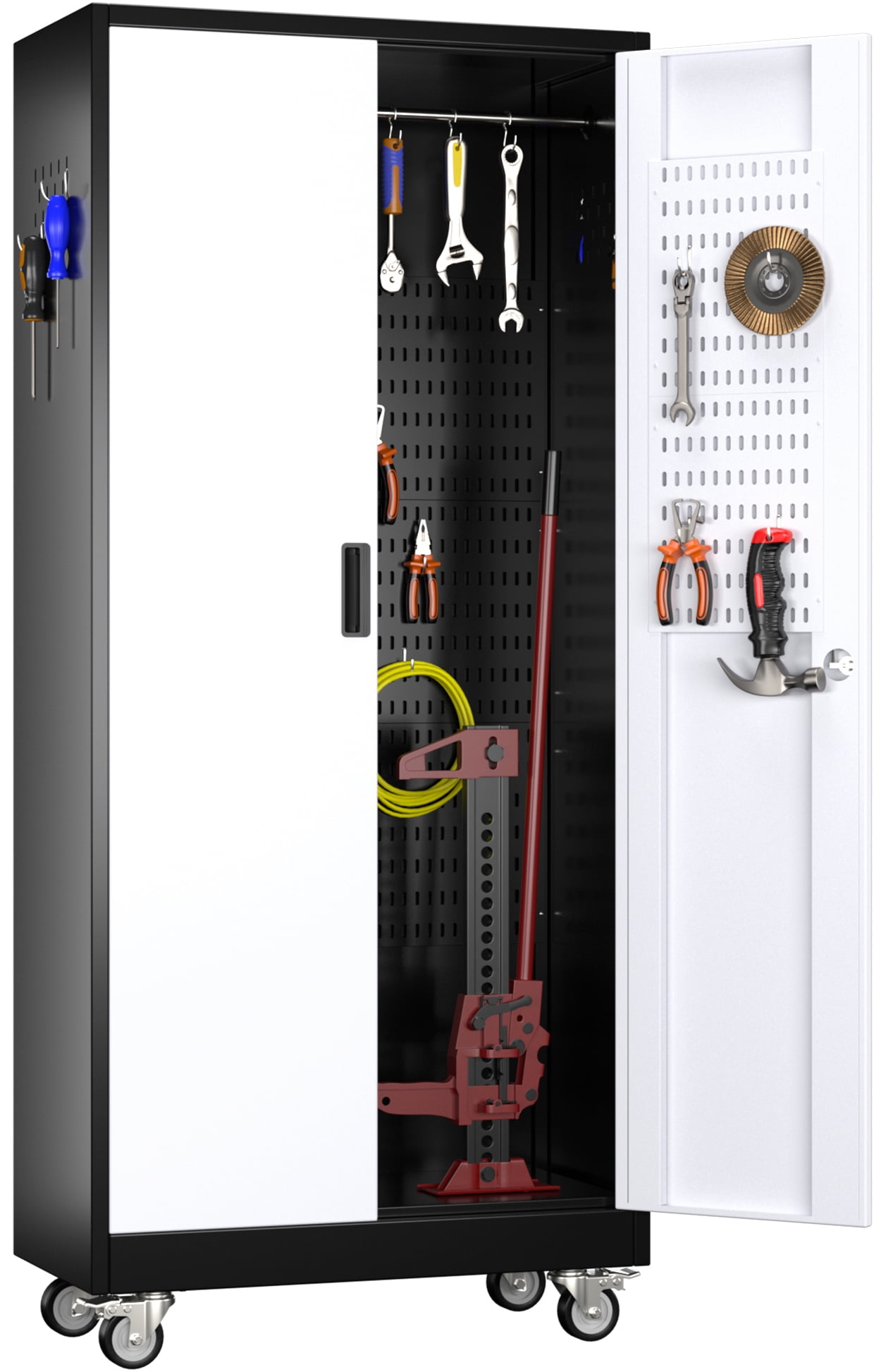 GangMei Metal Rolling Garage Storage Cabinets with Hanging Rod and 5 ...