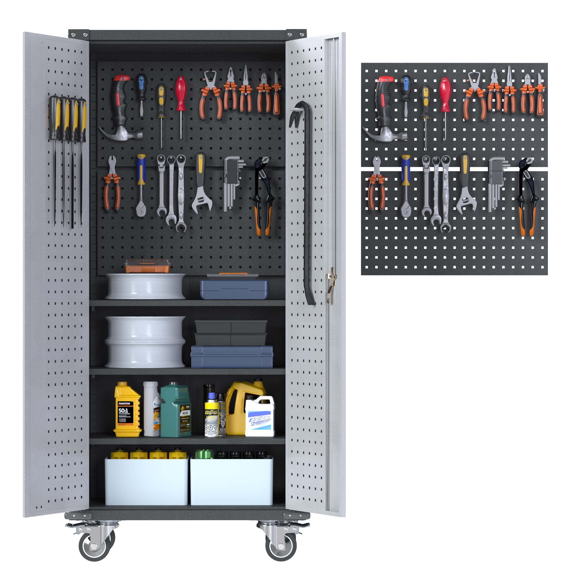 GangMei Metal Rolling Storage Cabinet with Multi Use Pegboard, Large ...
