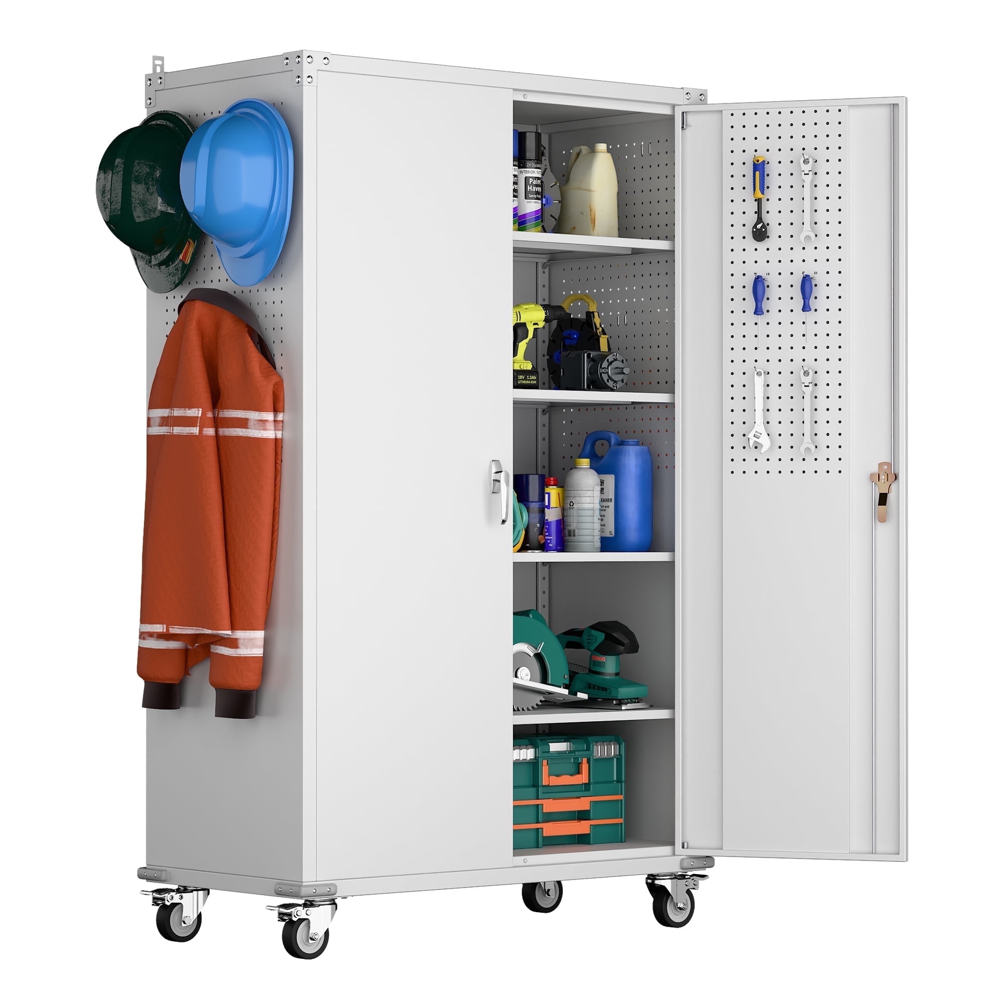 GangMei Wide & Deep Metal Garage Storage Cabinet with Pegboards, Wheels ...