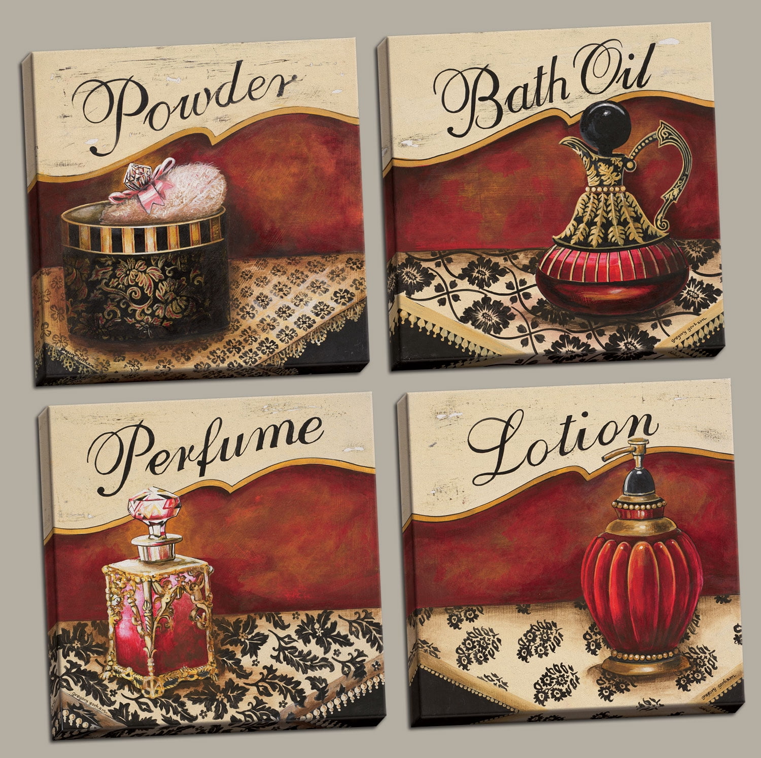 Gango Home Decor 4 Lovely Vintage Red & Gold Perfume, Bath Oil, Lotion ...