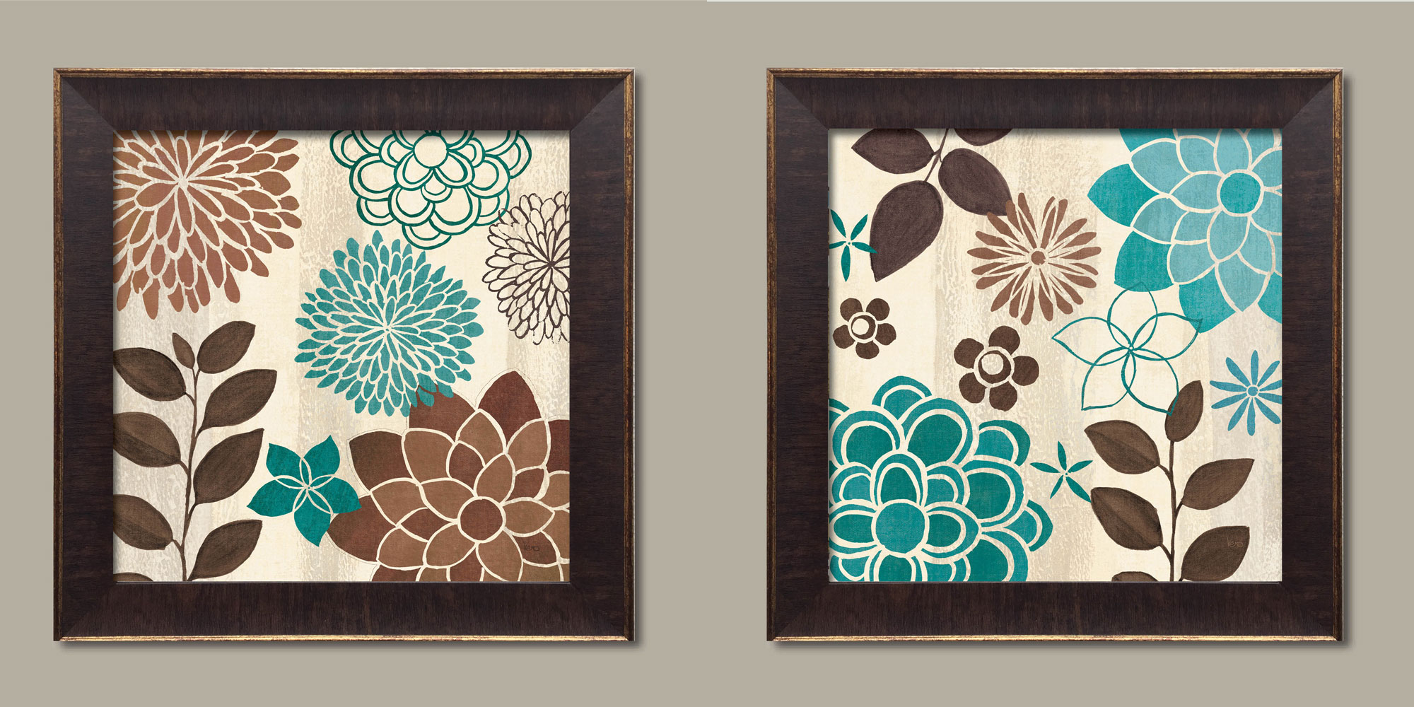 Gango Home Decor Beautiful Turquoise & Brown Flower & Leaf Print Set ...
