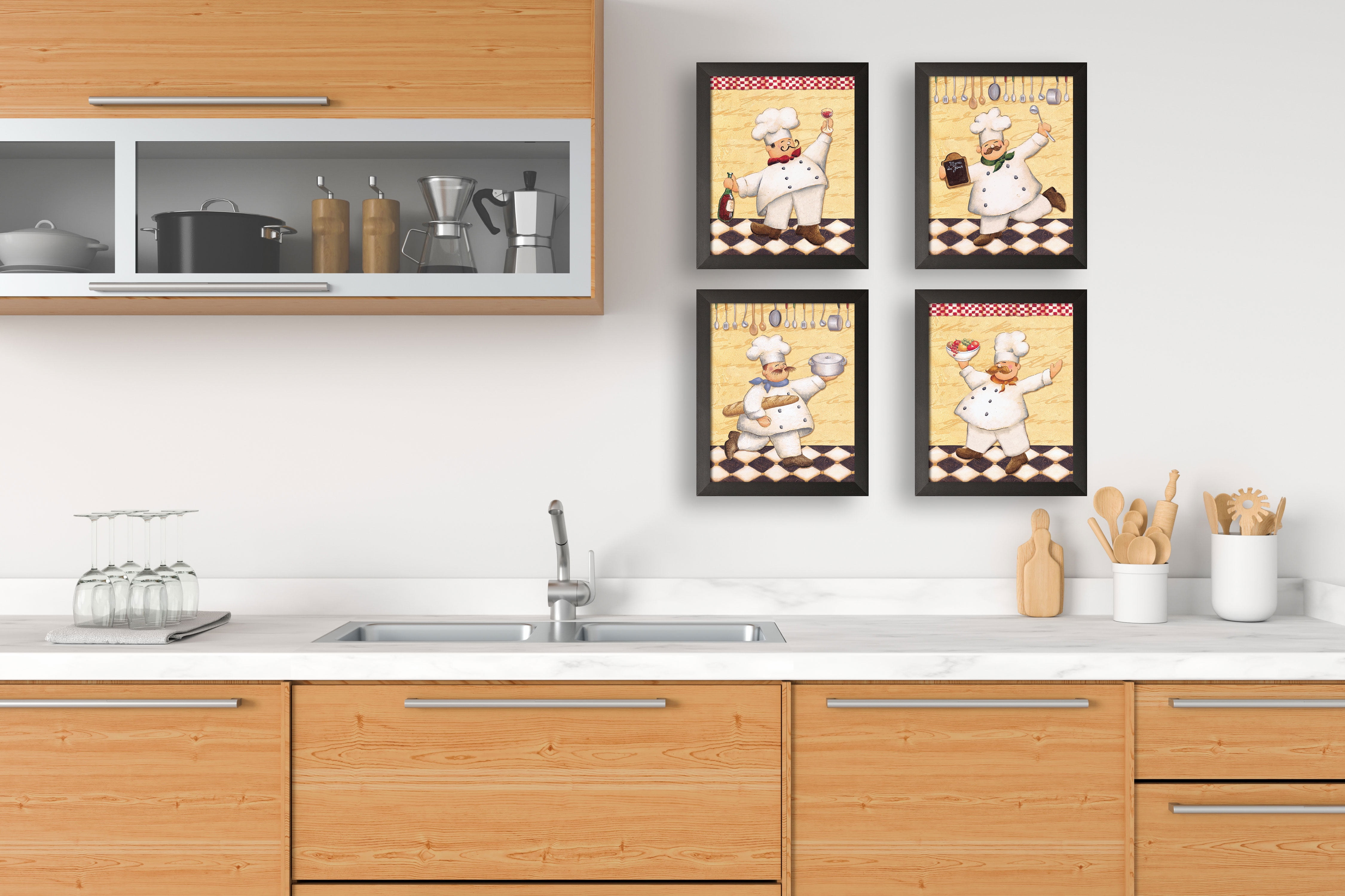 Gango Home Decor Happy French Chef Set, Kitchen Decor; Four 8x10in Art ...