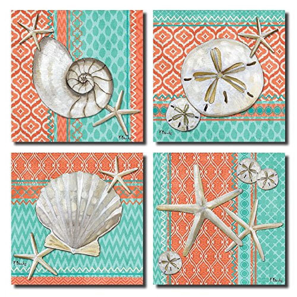 Gango Home Decor Modern Teal Ikat Coastal Seashell Wall Art; Four Blue 12x12in Unframed Paper ...