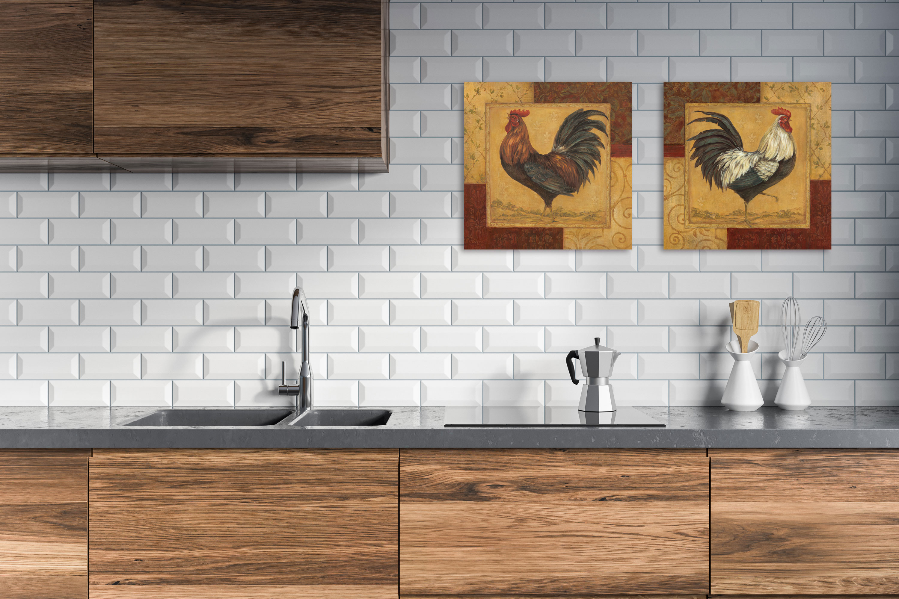 Gango Home Decor Traditional Rooster Collage Kitchen Wall Art; Two ...