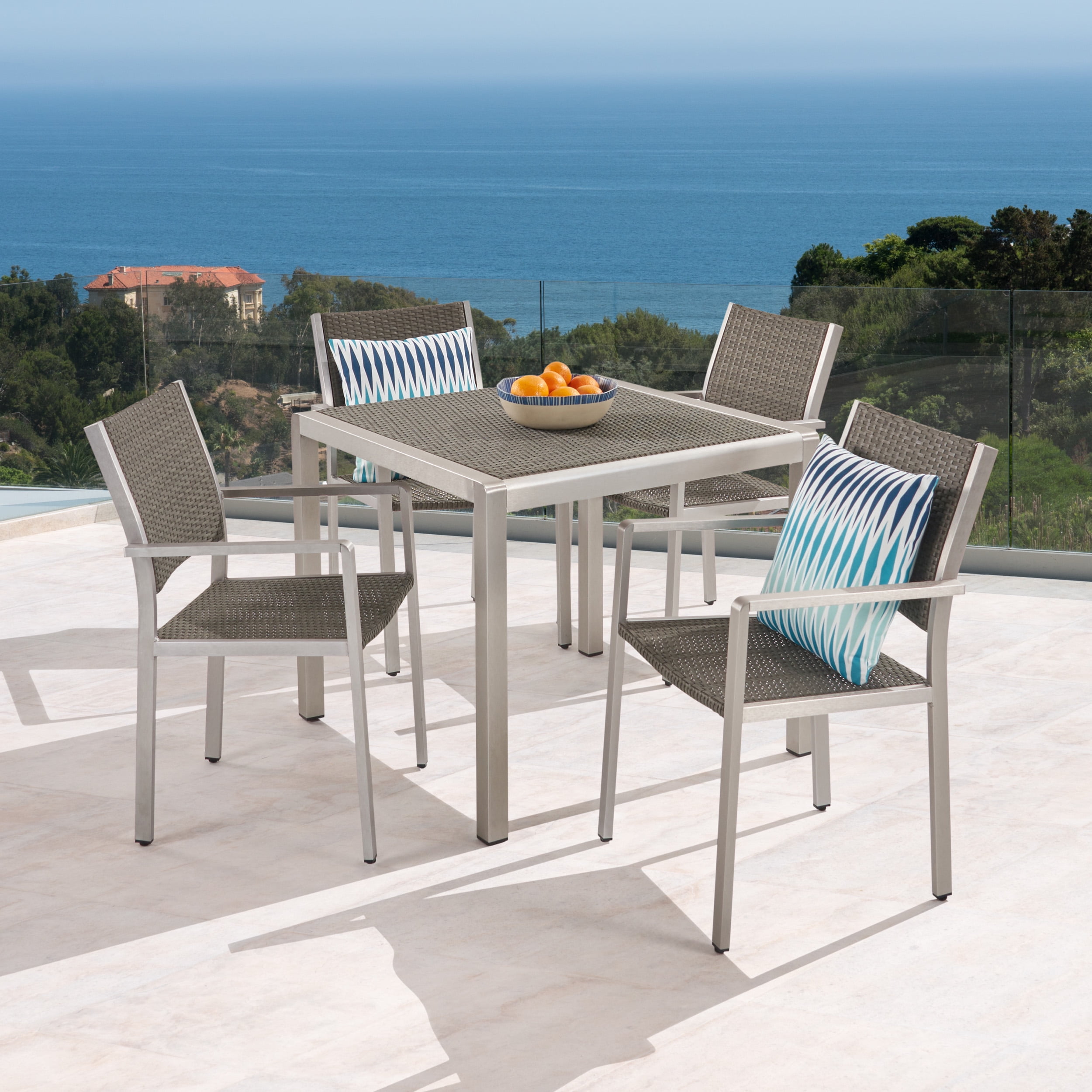 Gannon Outdoor 5 Piece Anodized Aluminum Dining Set with Wicker Table ...