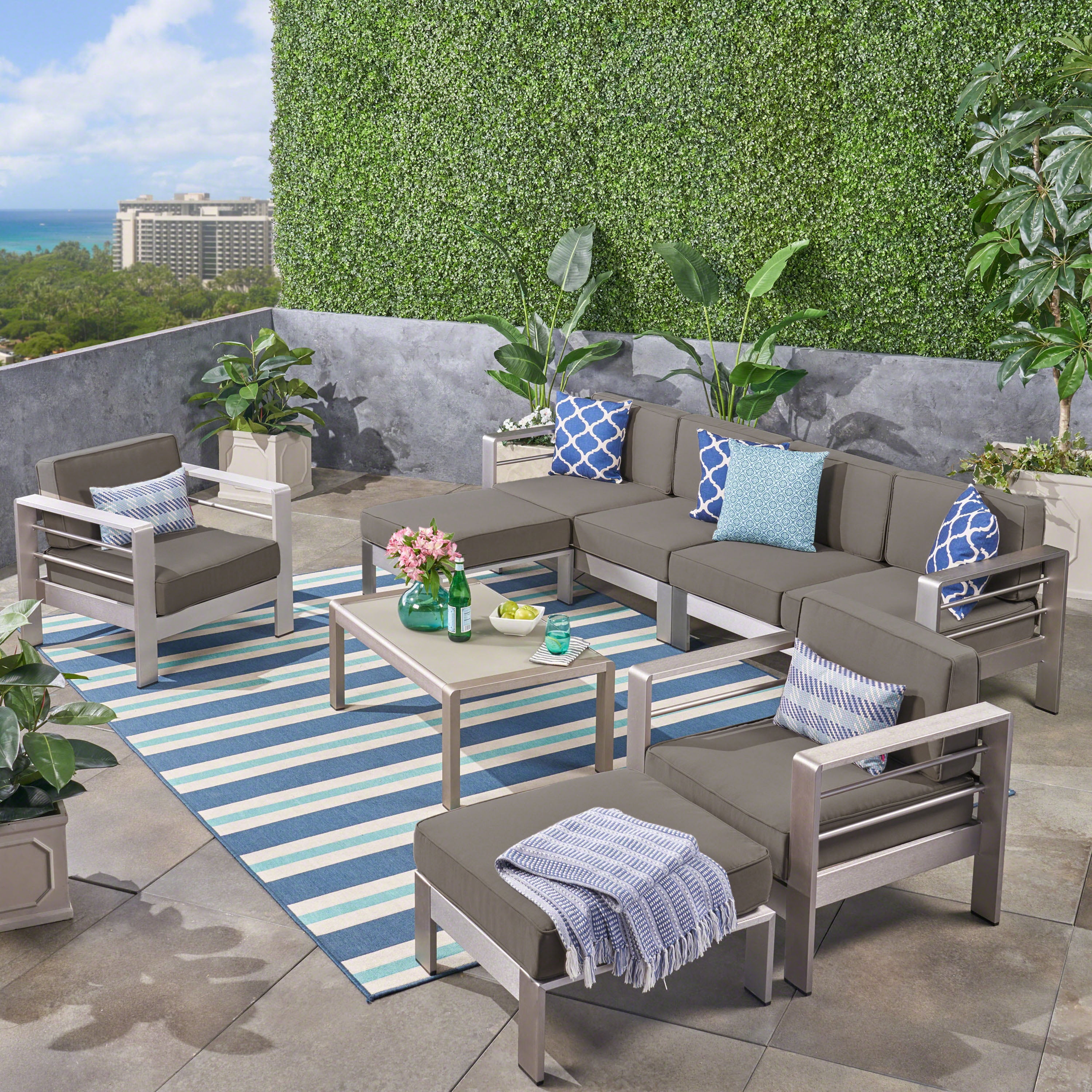 Gannon Outdoor 7 Piece Aluminum Sectional Sofa Set with Coffee Table ...