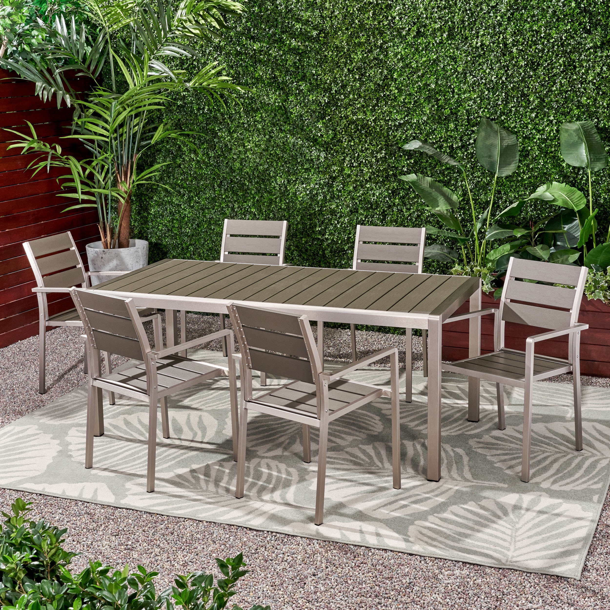 Noble House Cape Coral 7 Piece Faux Wood Top Patio Dining Set in Gray ...