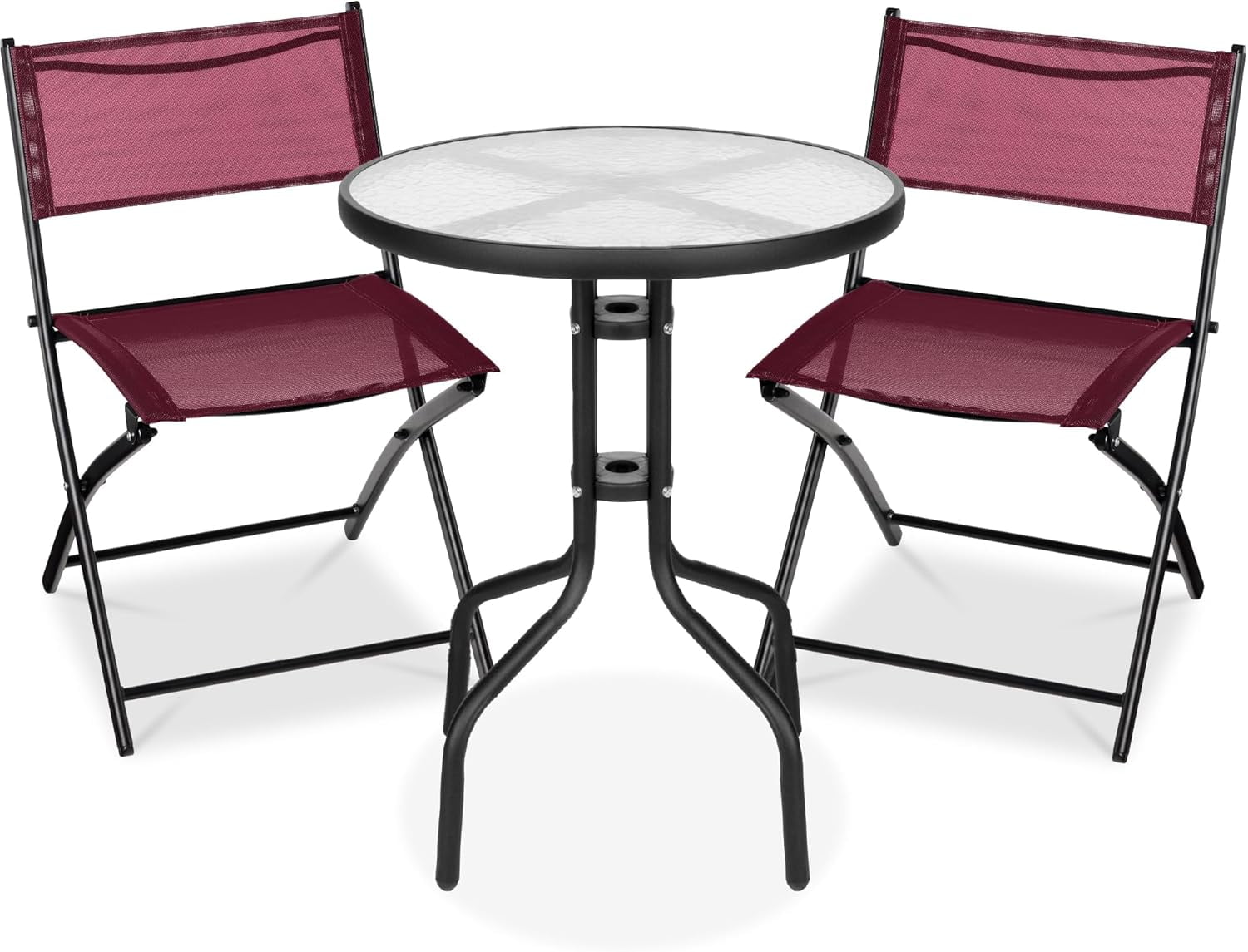 Gao-J 3-Piece Patio Bistro Dining Furniture Set w/Textured Glass Tabletop, 2 Steel Folding ...