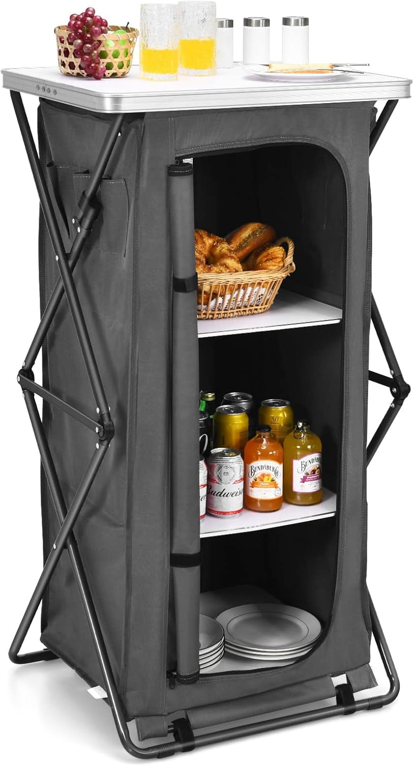 Gao-J Folding Camping Storage Cabinet with 3 Shelves and Carry Bag, Portable Outdoor Organizer ...