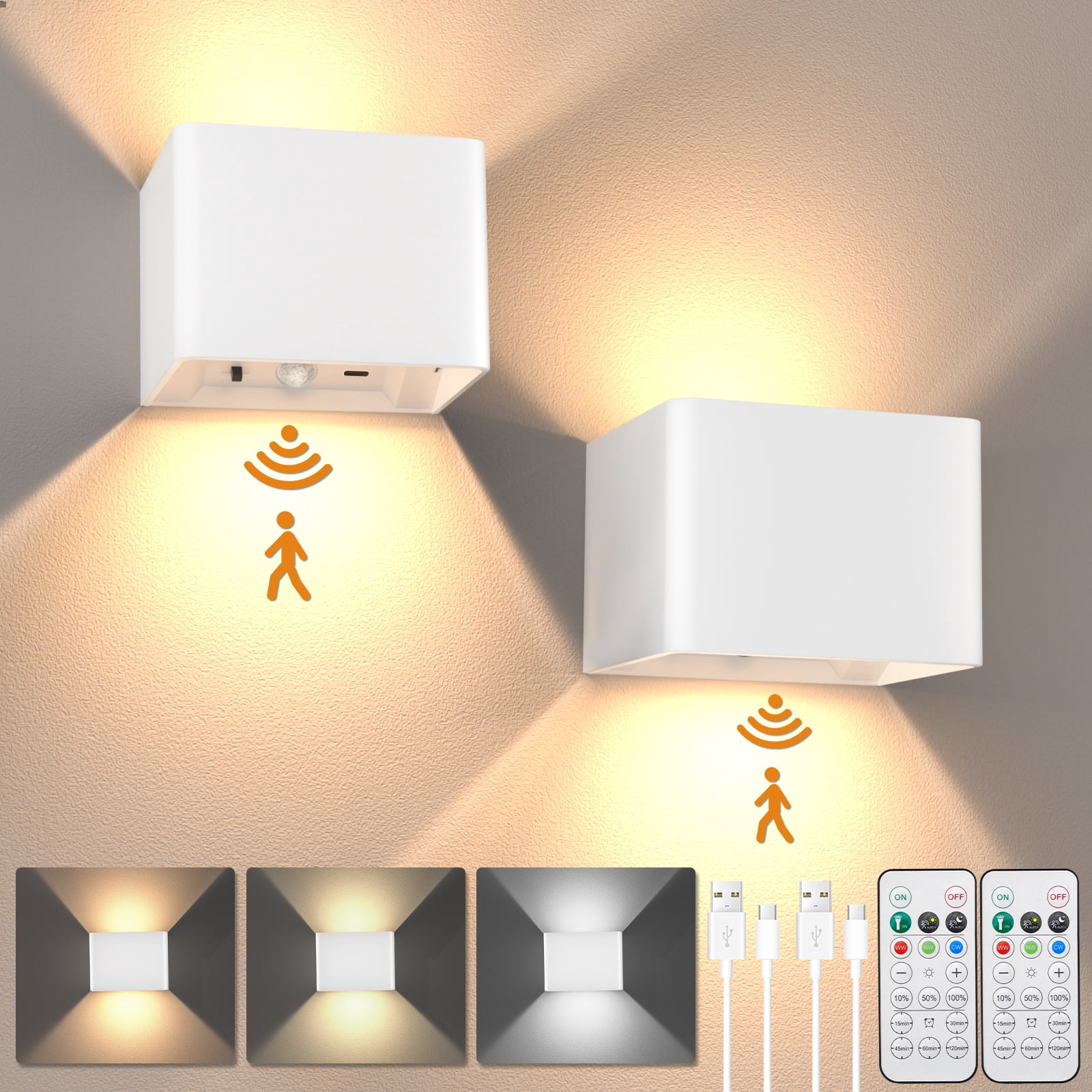 Gaormii Motion Sensor Wall Sconces （2-Pack, White） Rechargeable 4000mAh ...