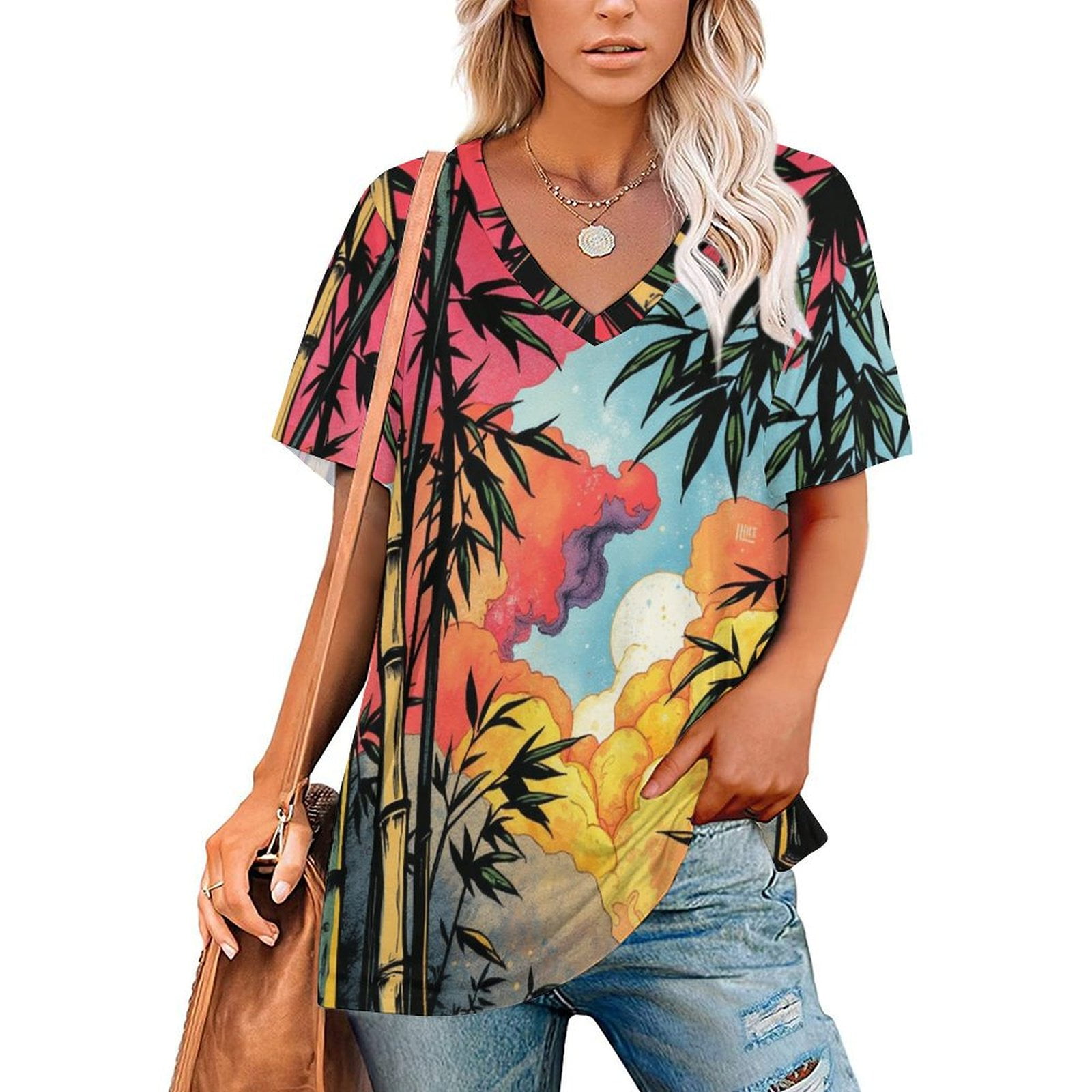 Gaosheng Bamboo V Neck Fashion Oversize T-Shirt Short Sleeve Aesthetic Tee Shirt Tops - Walmart.com