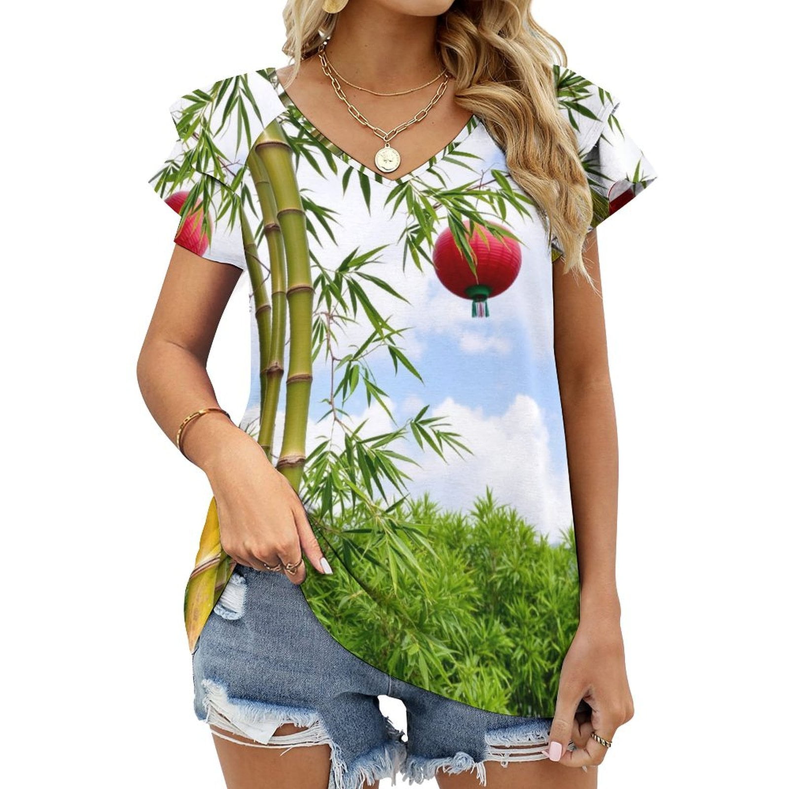 Gaosheng Bamboo Women T Shirt V Neck Top Lotus Leaf Neck Women Clothing - Walmart.com