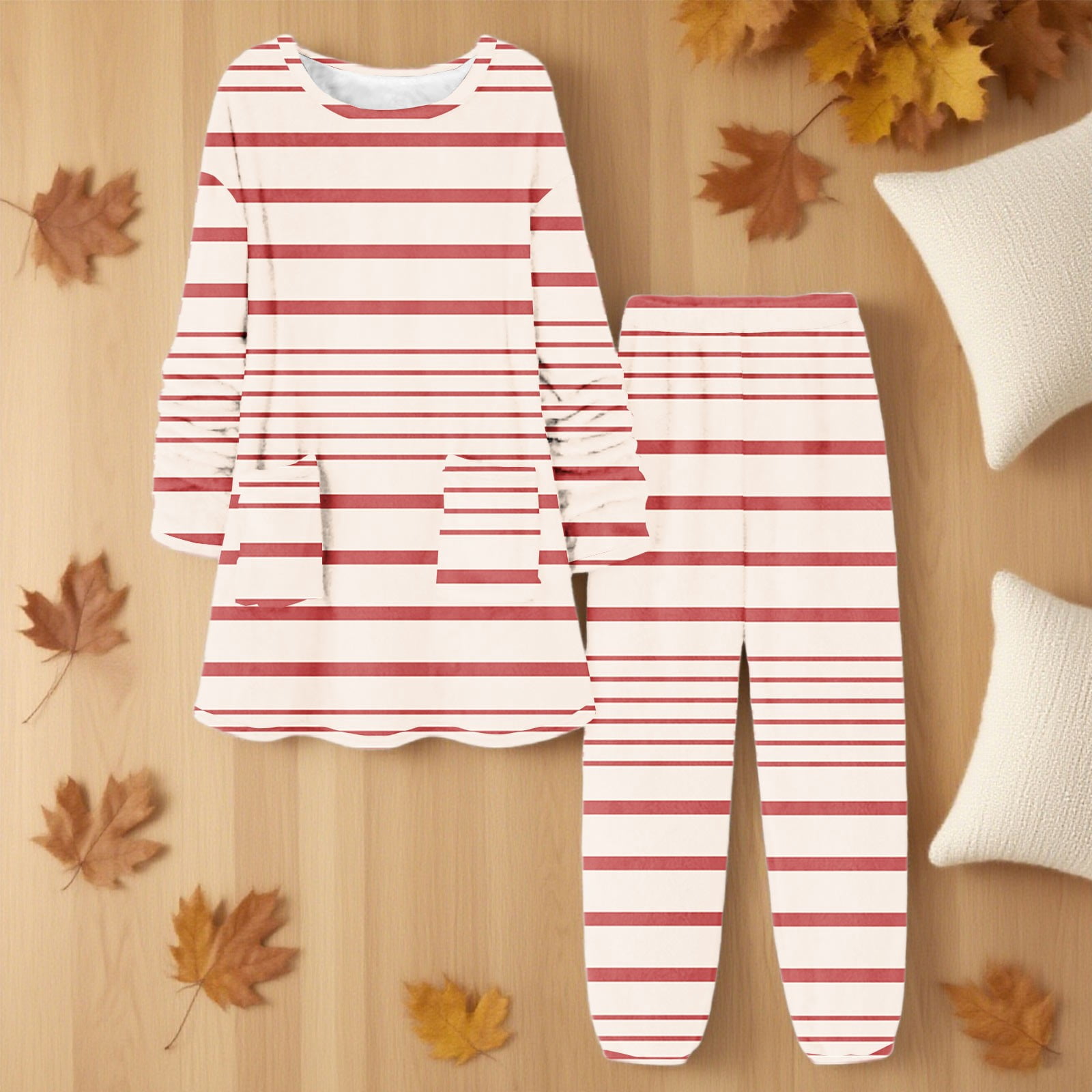 Gapacks Womens Striped Pajama Set 100% Polyester - Beige Long Sleeve ...