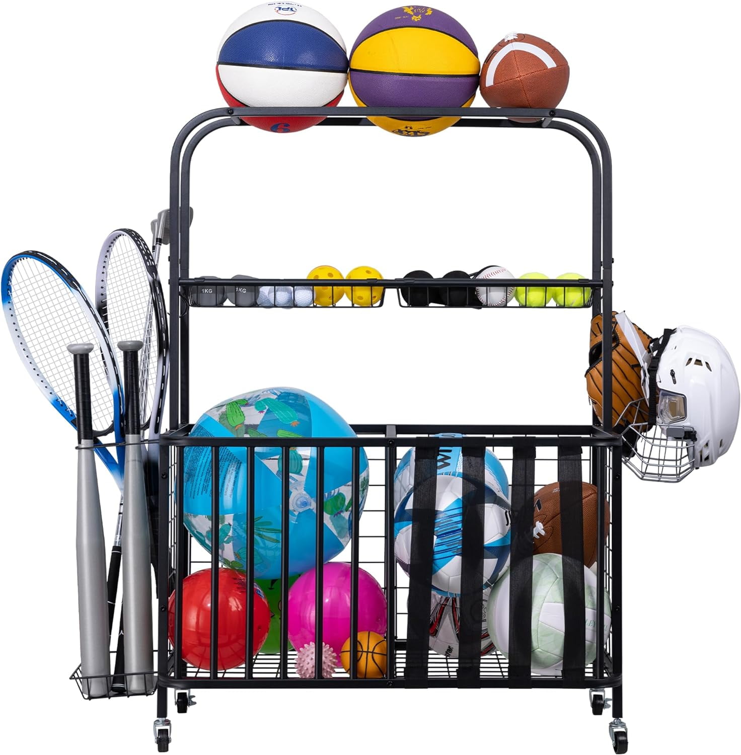 Garage Ball Storage Rack,Garage Organizer with Basket and Hooks,Rolling ...