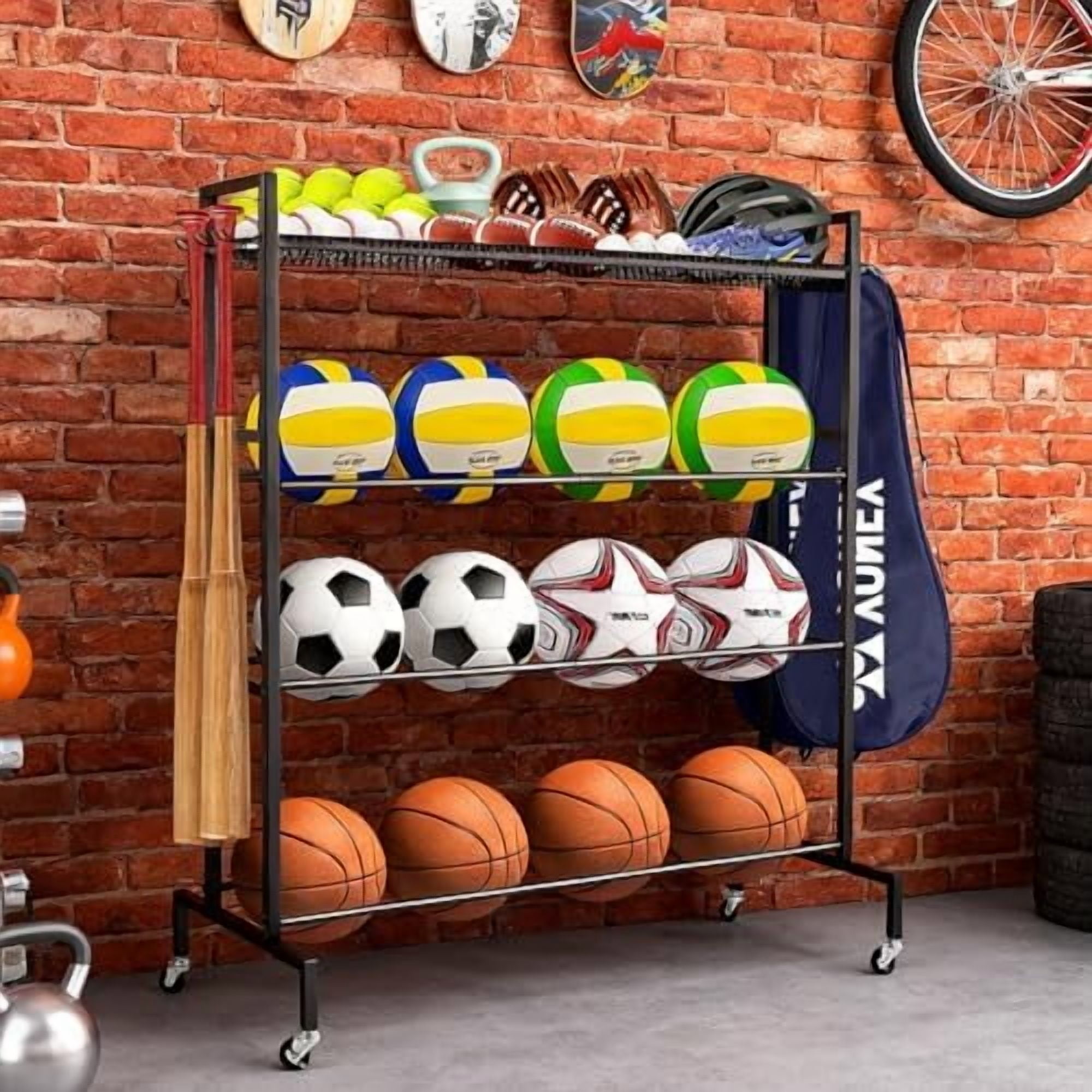 Garage Balls Storage Rack with Baseball Bat Hooks & Baskets, Basketball ...