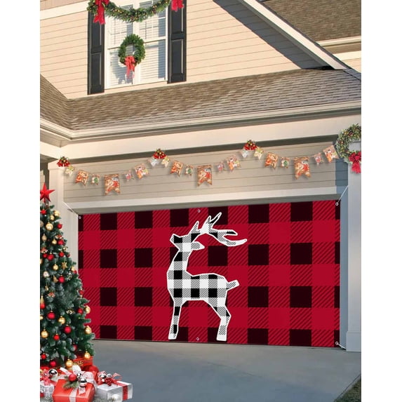 Garage Door Banner Cover 6 x 13 ft, Black and Red Plaid Forest Animal ...