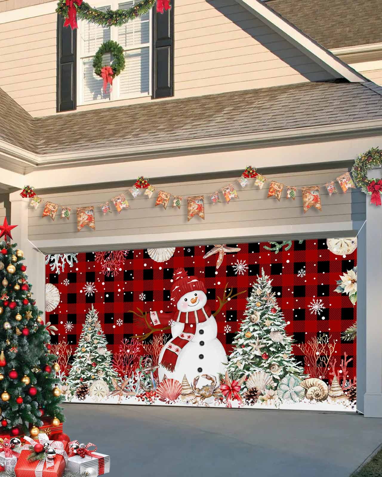 Garage Door Banner Cover 6 x 13 ft, Christmas Ocean Snowman Starfish ...
