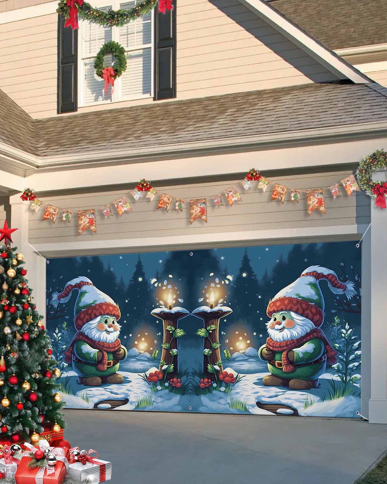 Garage Door Banner Cover 6 x 13 ft, Christmas Snowman Gnome Dwarf on ...