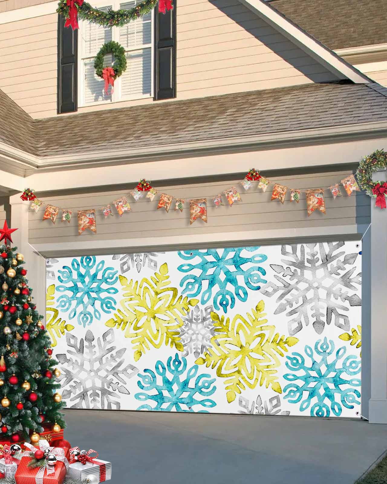 Garage Door Banner Cover 6 x 13 ft, Christmas Teal Yellow Snowflake ...