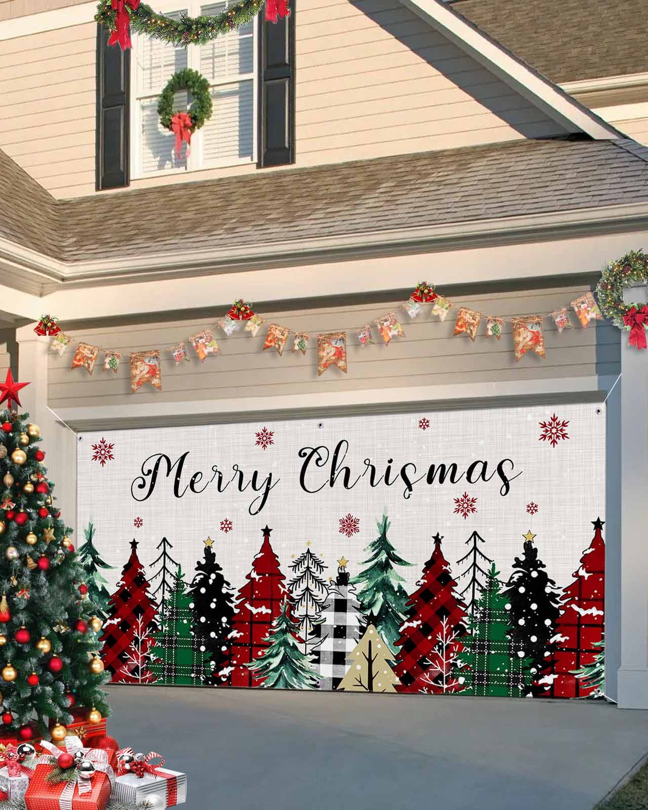 Garage Door Banner Cover 6 x 13 ft, Red Merry Christmas Snowflake Xmas ...