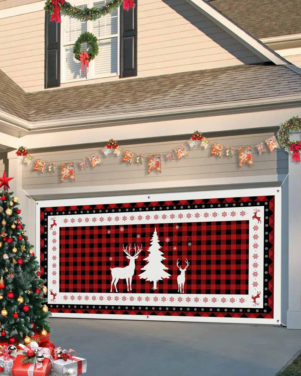 Garage Door Banner Cover 7 x 16 ft, Christmas Deer Tree Black ...