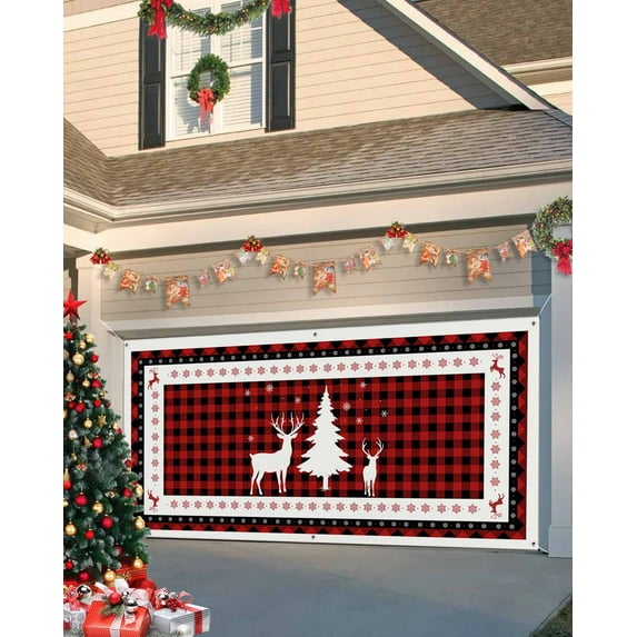 Garage Door Banner Cover 7 x 16 ft, Christmas Deer Tree Black ...