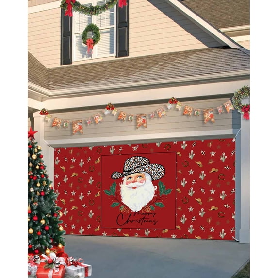 Garage Door Banner Cover 7 x 16 ft, Christmas Western Santa with ...