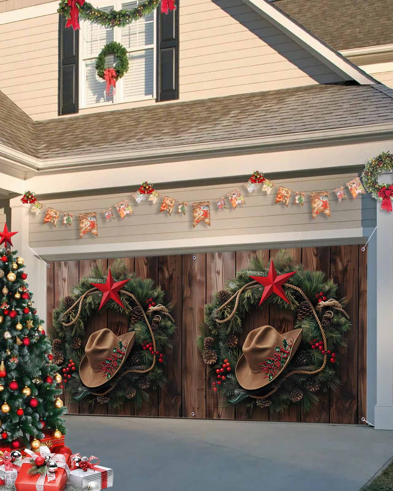 Garage Door Banner Cover 7 x 16 ft, Christmas Western Wreath Xmas Star ...
