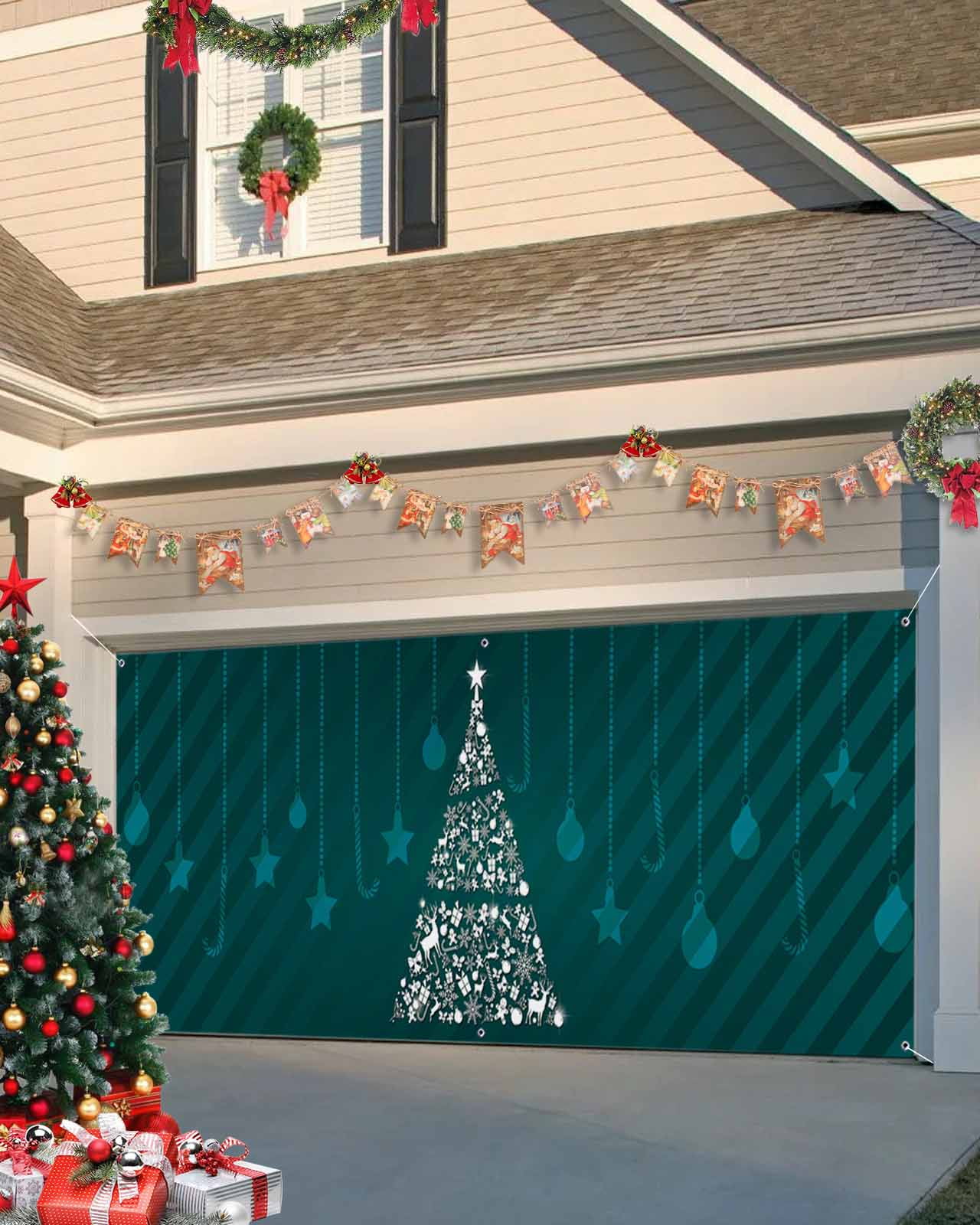 Garage Door Banner Cover 7 x 16 ft, Green Christmas Tree with Snowflake ...